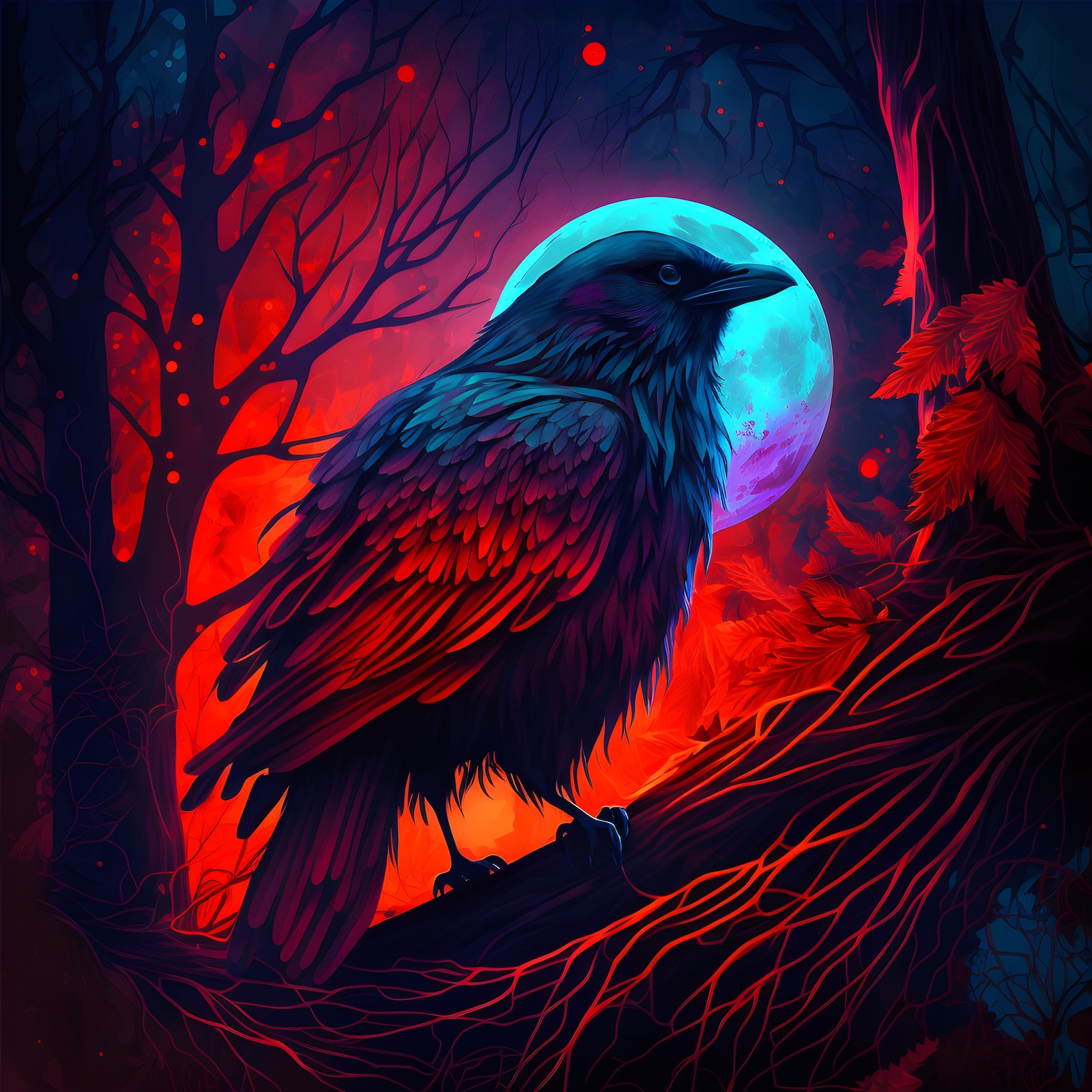 Raven in the Forrest by Night, Colorful, Raven in the Forest at Night ...