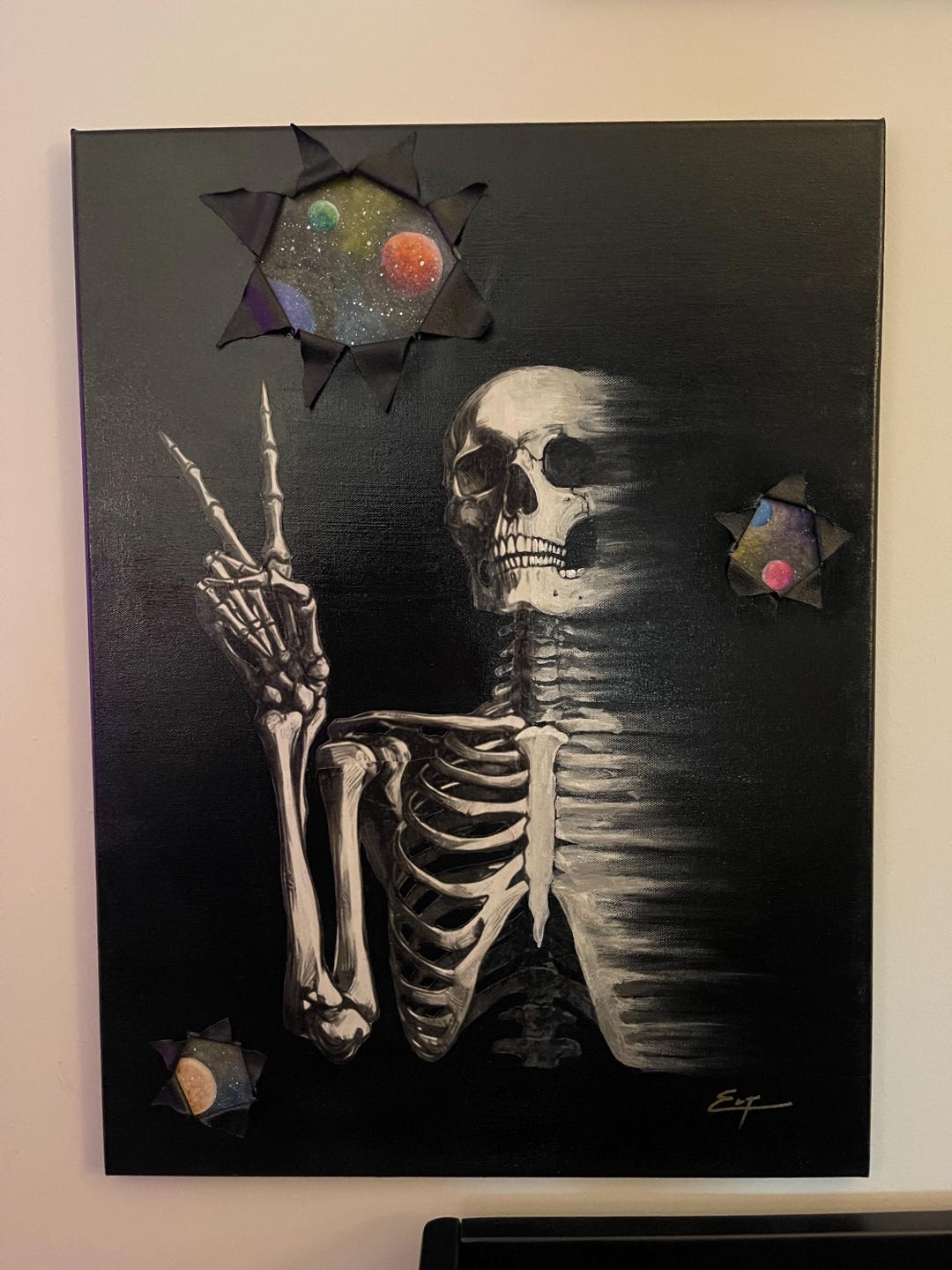 Surreal Skeleton Peace Sign in Space Original Painting Cosmic Art Dark ...