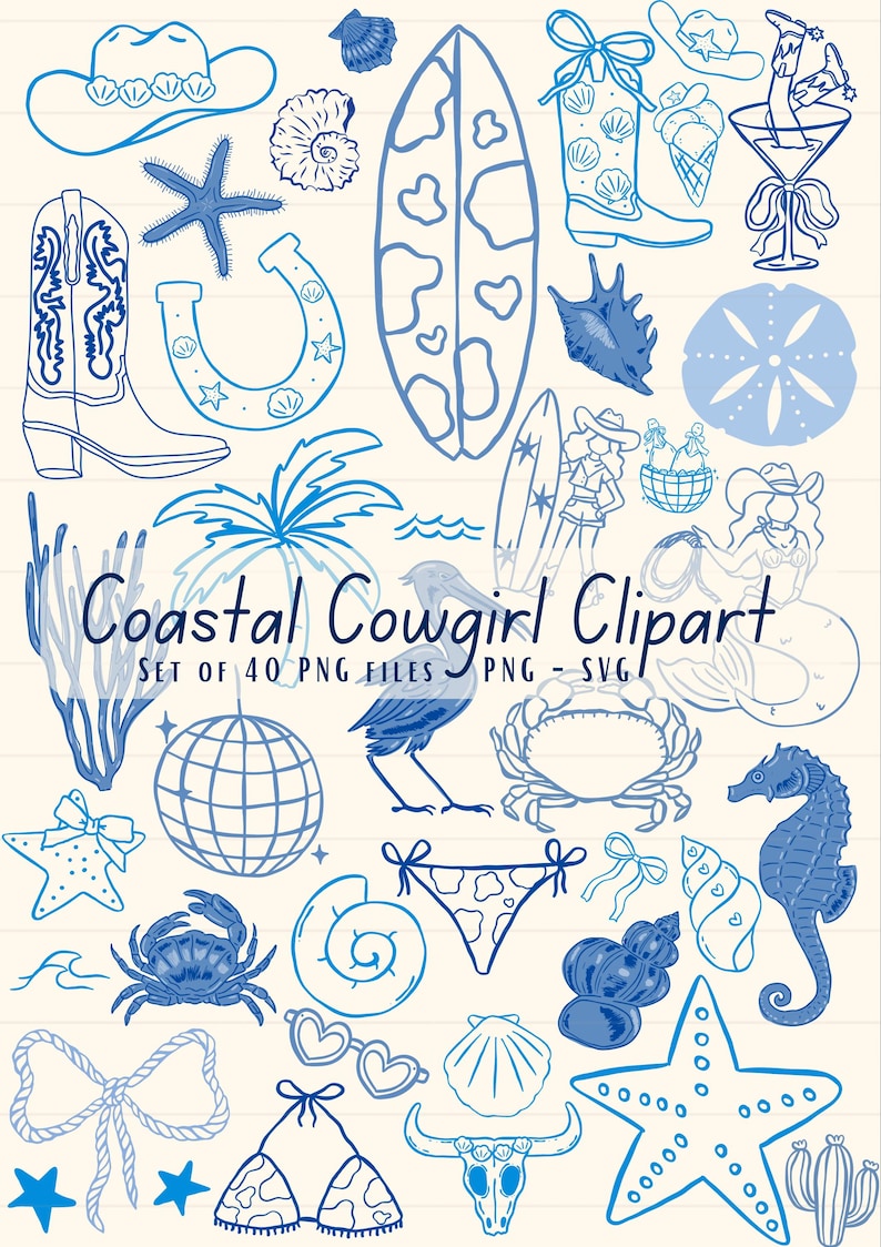 Coastal Cowgirl Clipart Bundle (40 PNG/SVG Files) - Beach Cowgirl ...