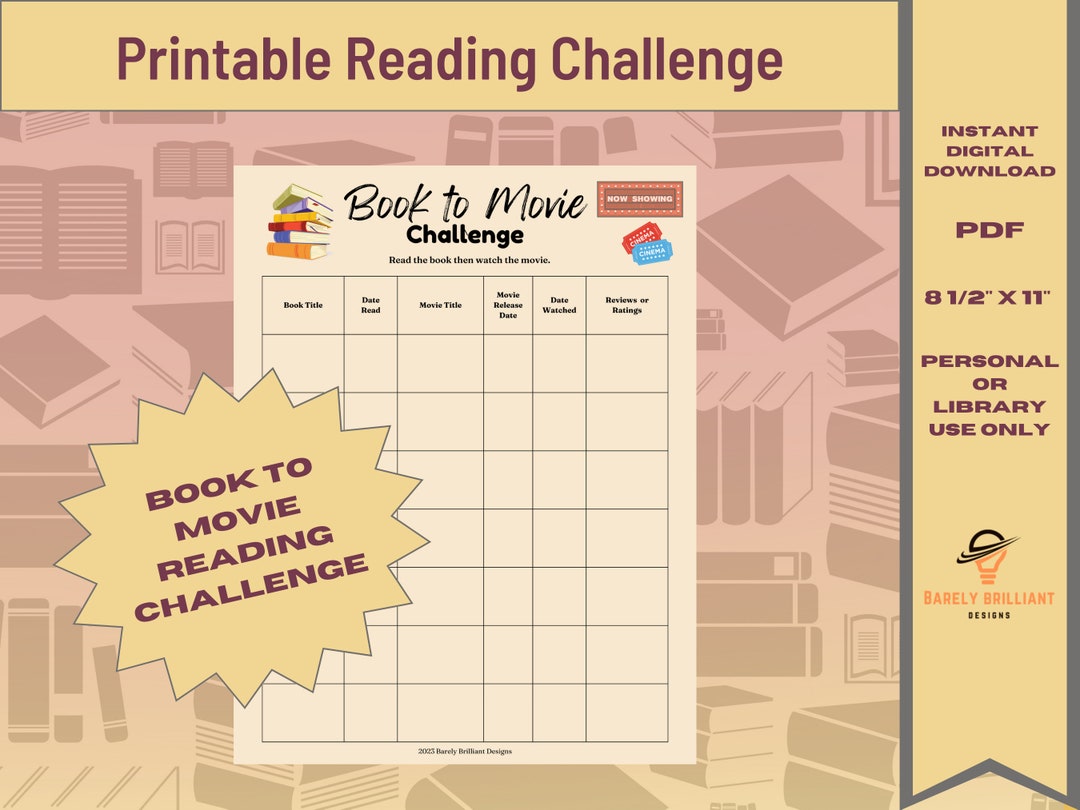 Book to Movie Reading Challenge Printable | Instant Pdf Download | Read ...