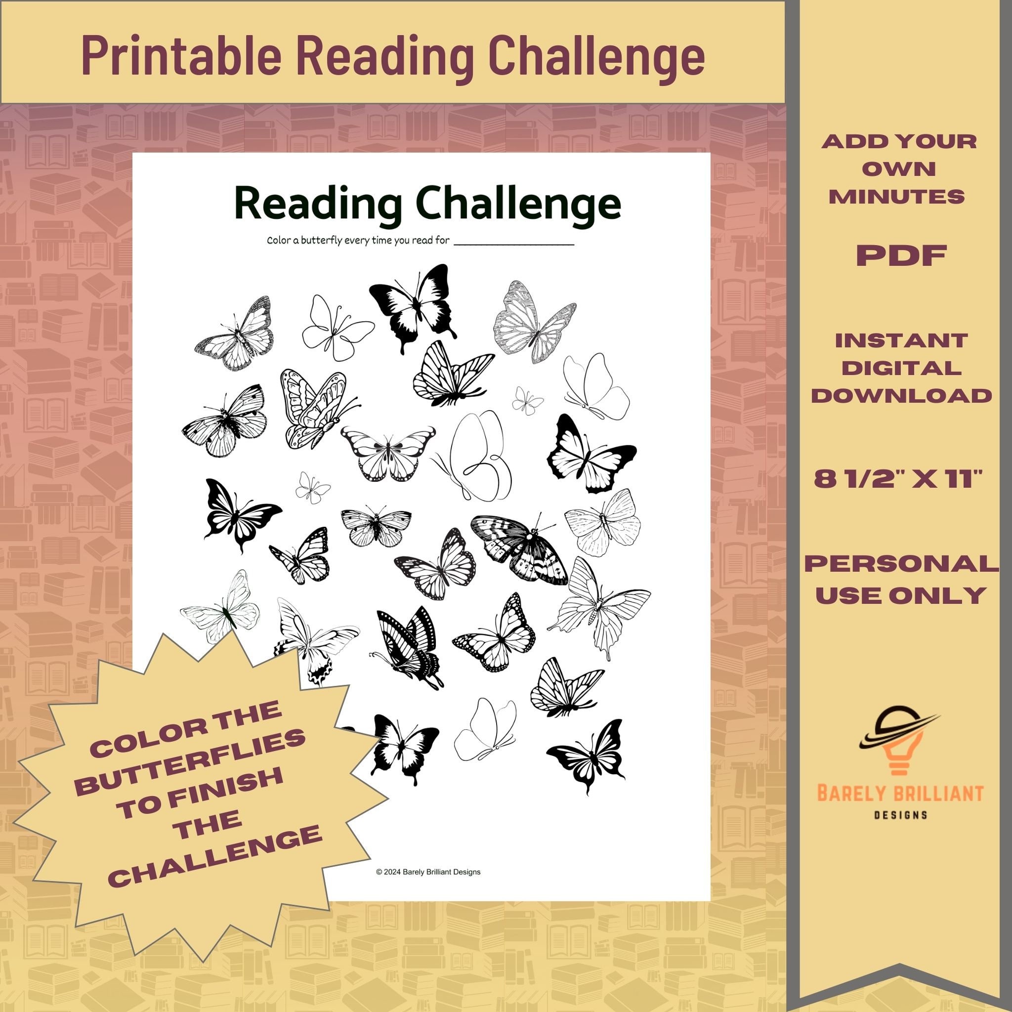 Reading Challenge Printable With Butterflies | 8.5" X 11" | Pdf ...
