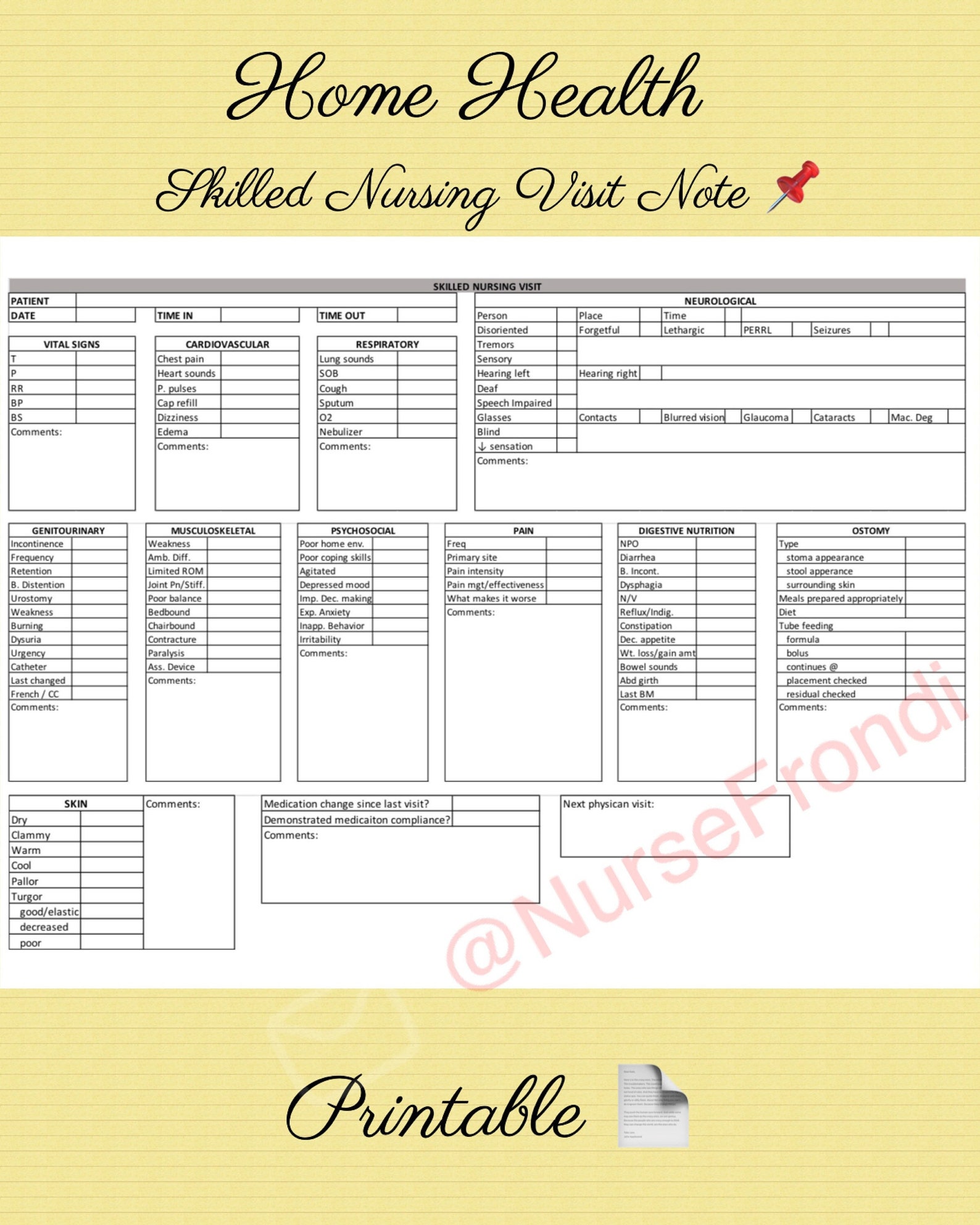 Skilled Nursing Visit Note home Health Printable Digital Copy Template ...