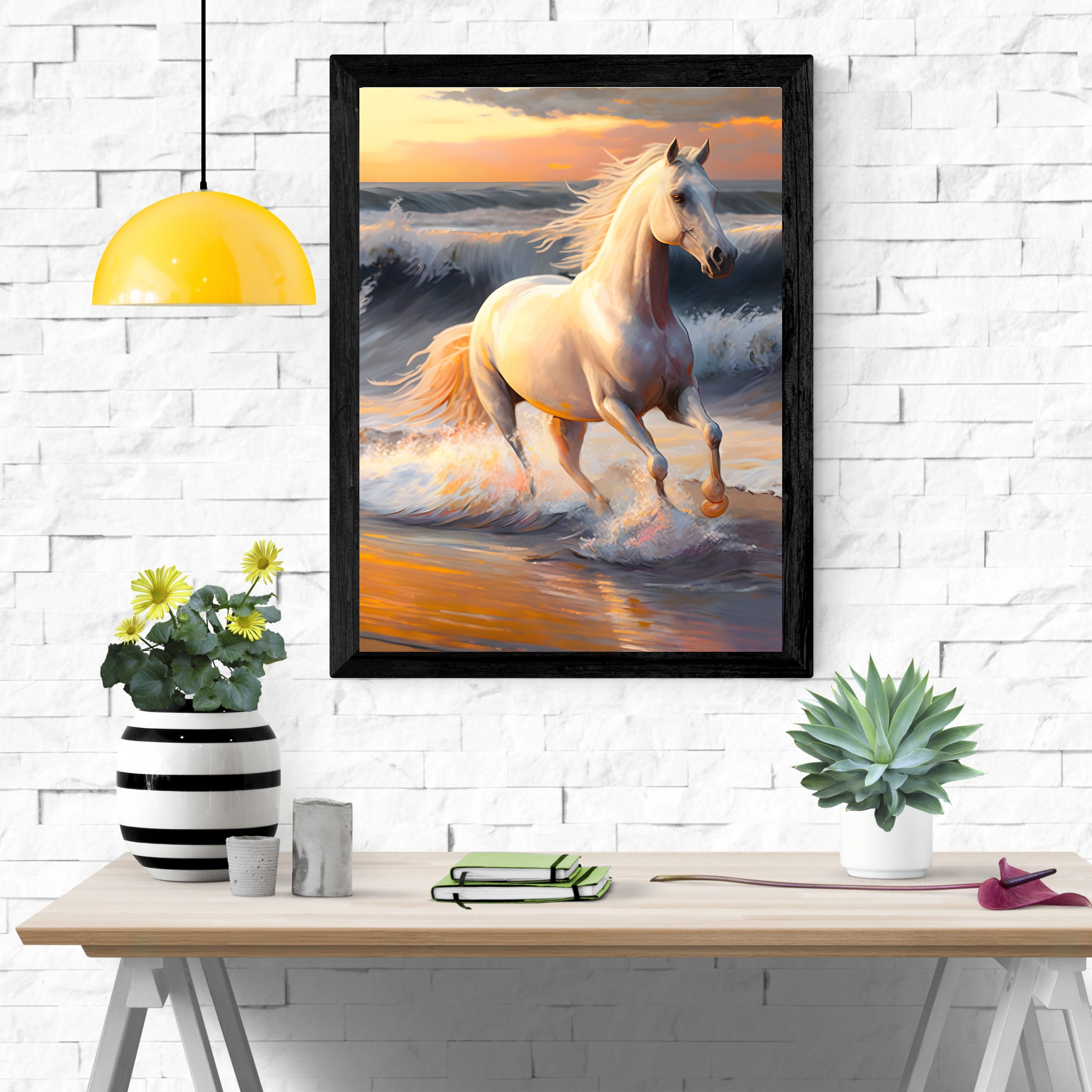Horse Beach Art Horse Sunset Print White Horse Beach Print - Etsy
