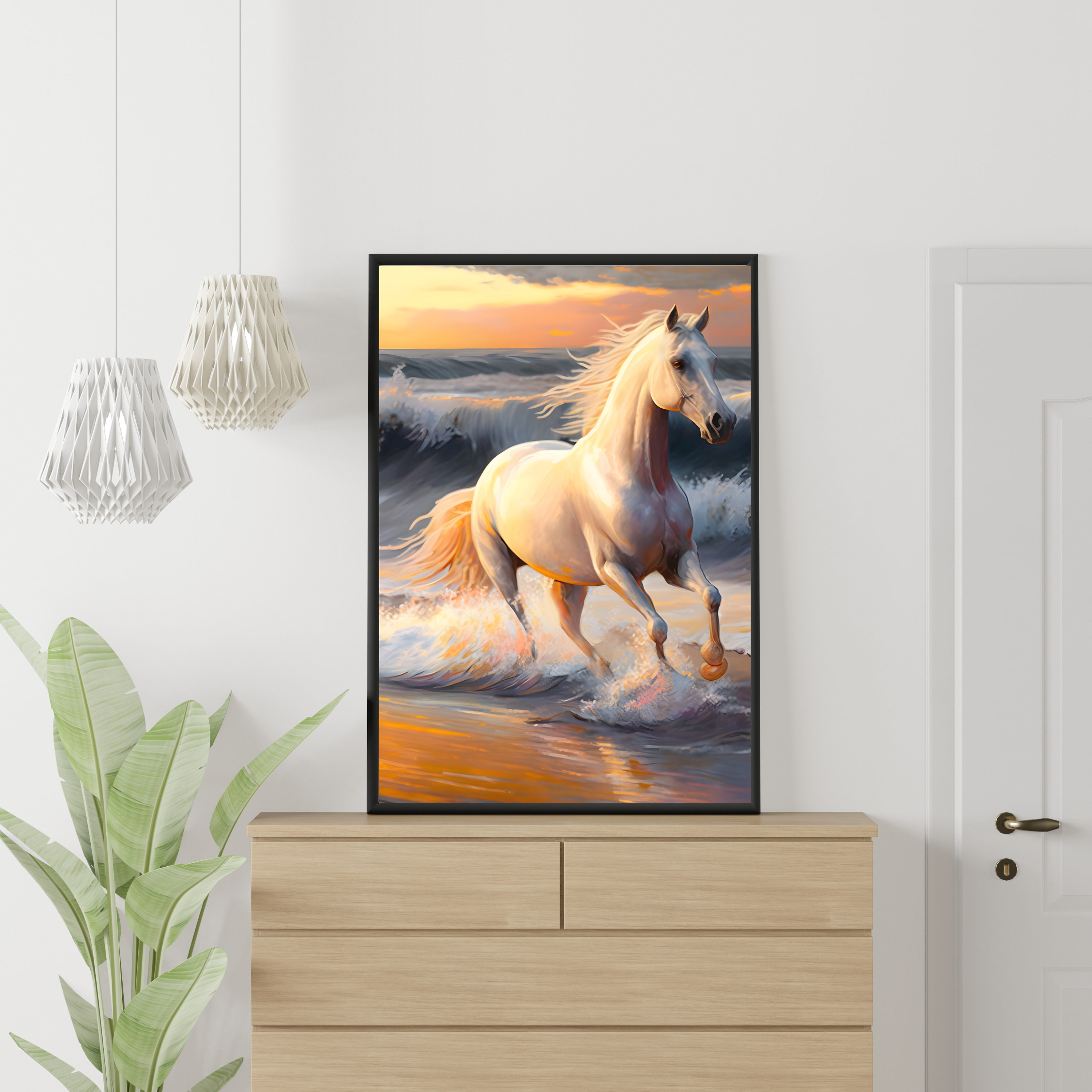 Horse Beach Print | Horse Sunset Painting | White Horse Beach Art - Etsy