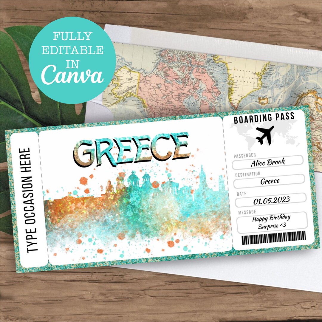 Greece Boarding Pass Surprise Editable Flight Ticket Gift, Greece ...