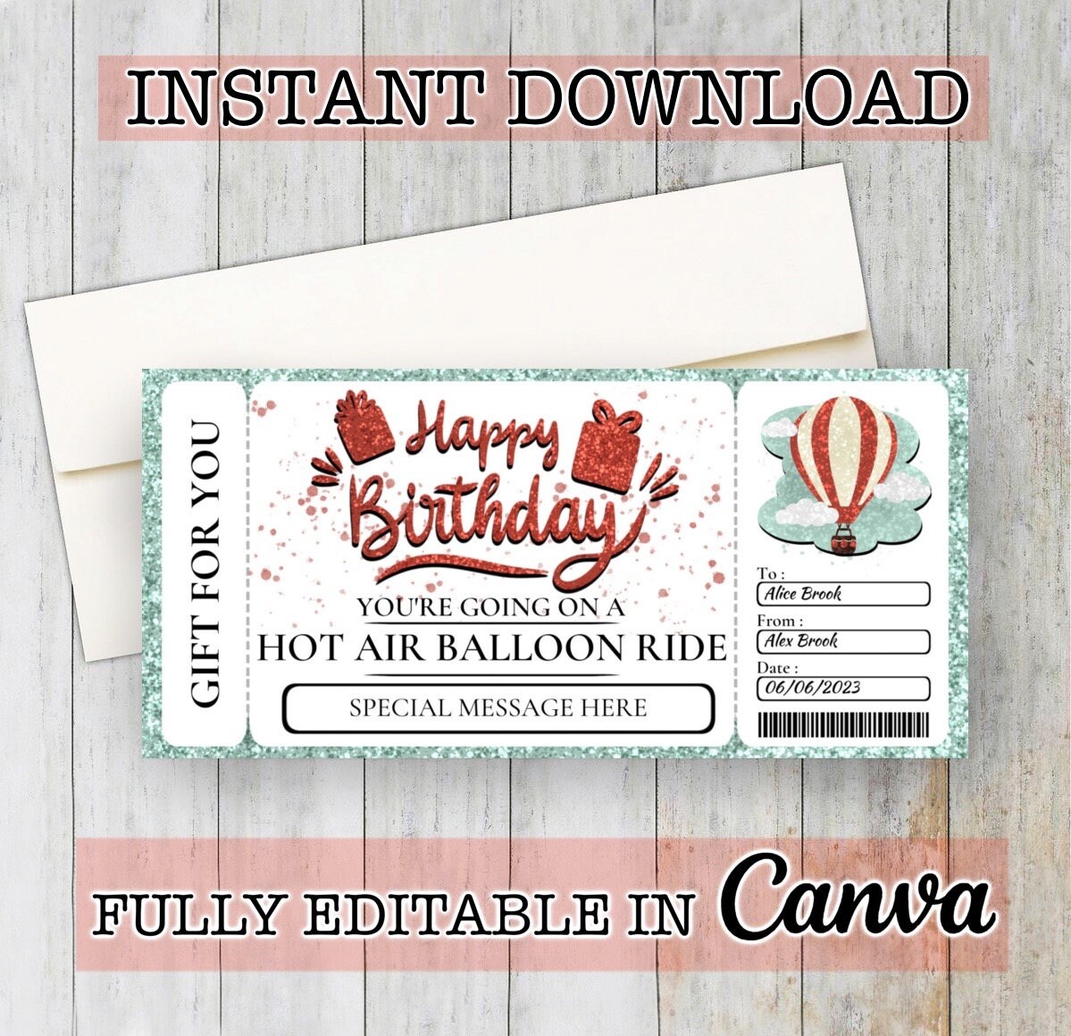 Birthday HOT AIR BALLOON Gift Ticket Template, Create Memorable ...
