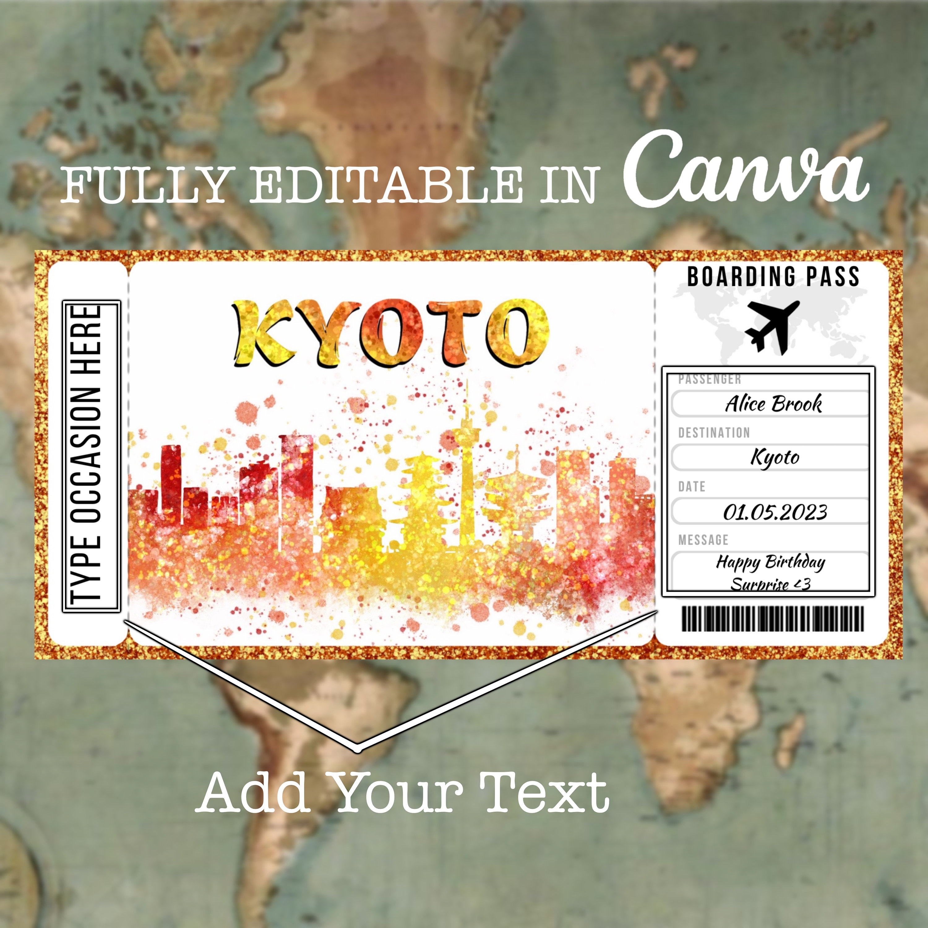 Kyoto Japan Boarding Pass Surprise Editable Flight Ticket Gift, Kyoto ...