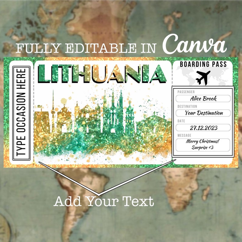 Lithuania Boarding Pass Surprise Editable Flight Ticket Gift, Lithuania ...