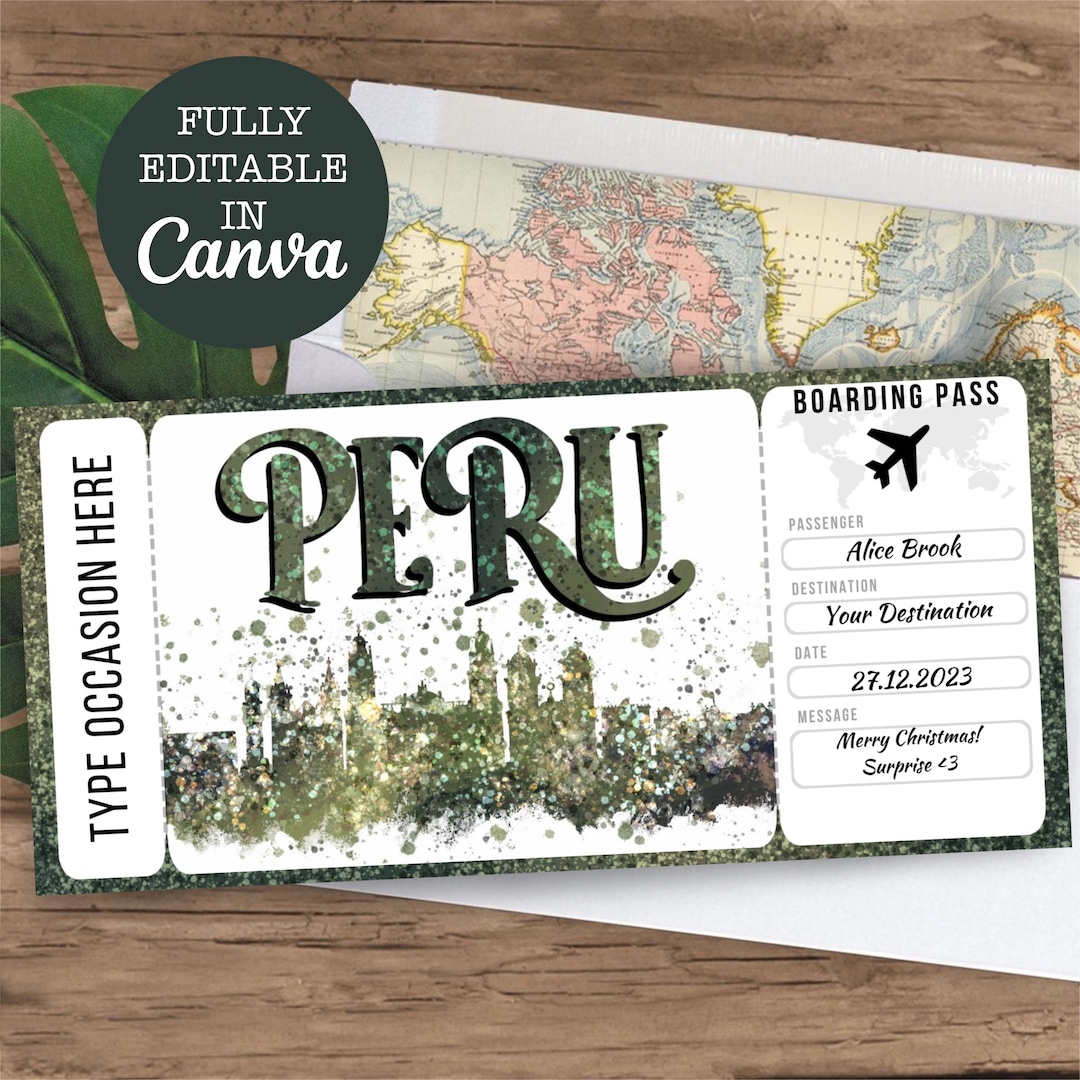 Peru Boarding Pass Surprise Editable Flight Ticket Gift, Peru Flight ...