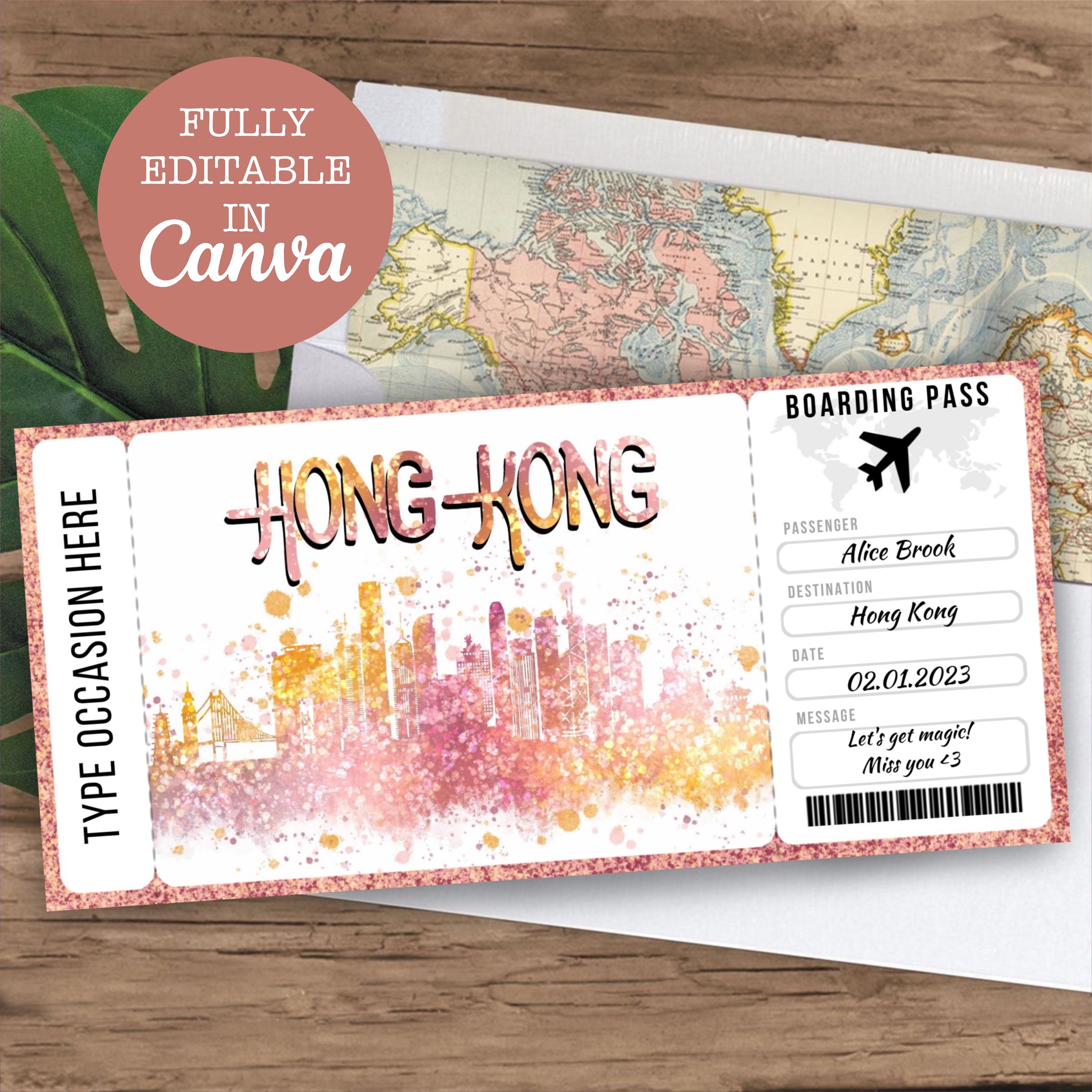 Hong Kong Boarding Pass Surprise Editable Flight Ticket Gift, Hong Kong ...