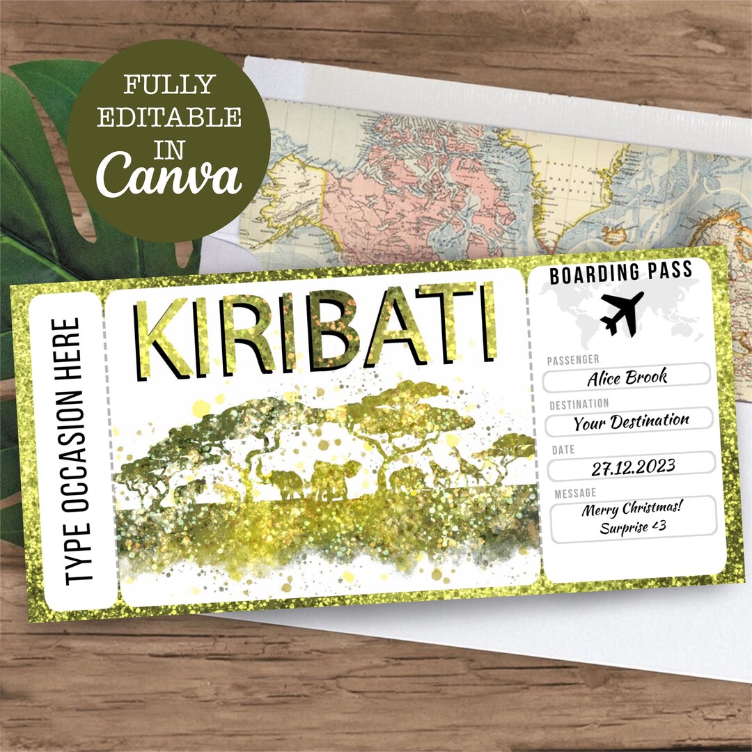 Kiribati Boarding Pass Surprise Editable Flight Ticket Gift, Kiribati ...