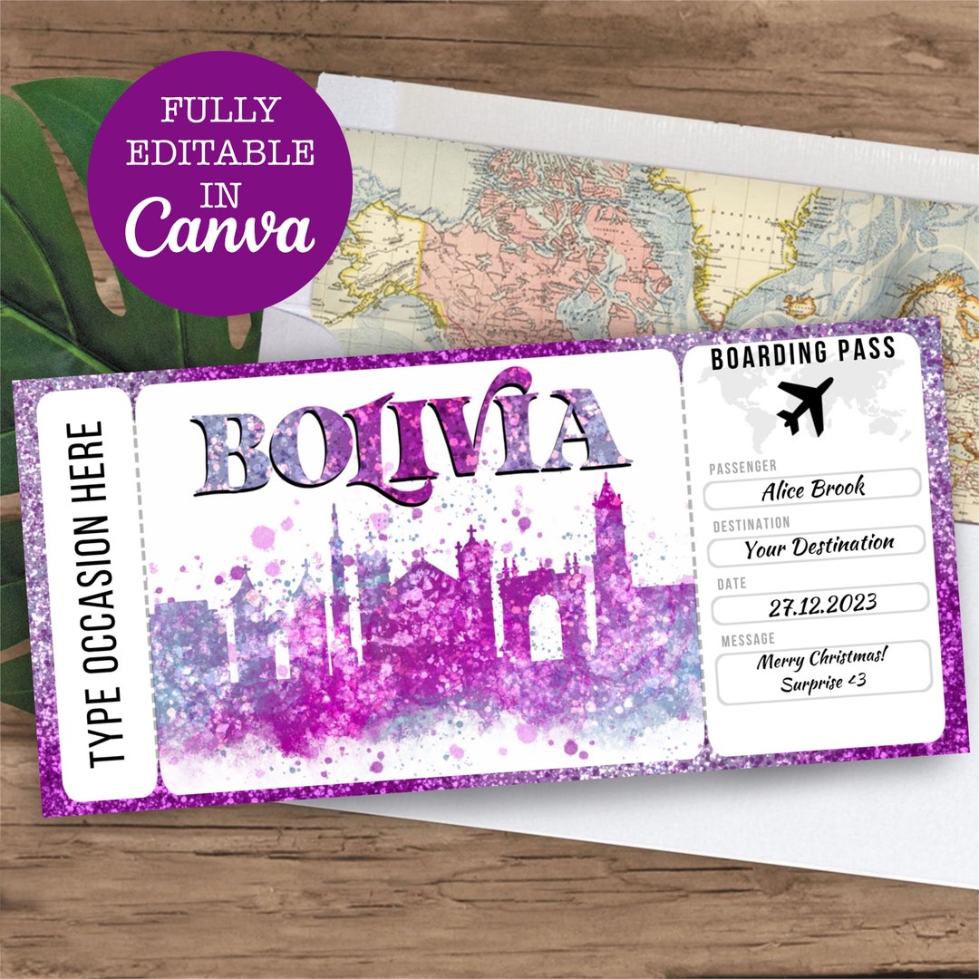 Bolivia Boarding Pass Surprise Editable Flight Ticket Gift, Bolivia ...