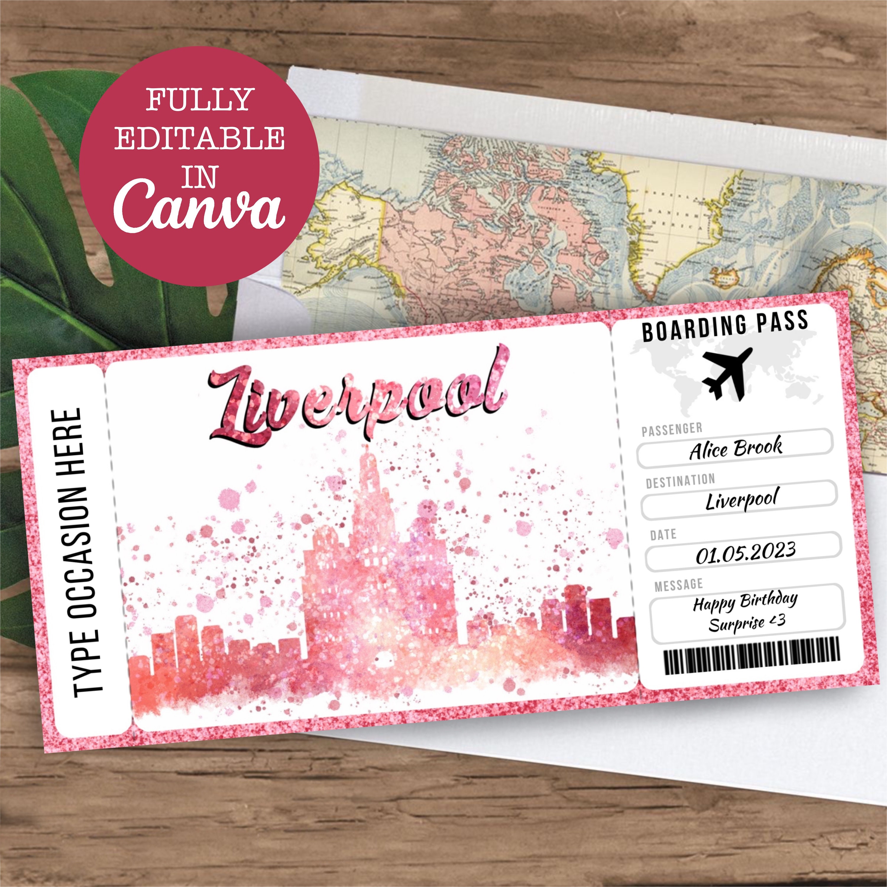 Liverpool England Boarding Pass Surprise Editable Flight Ticket Gift ...