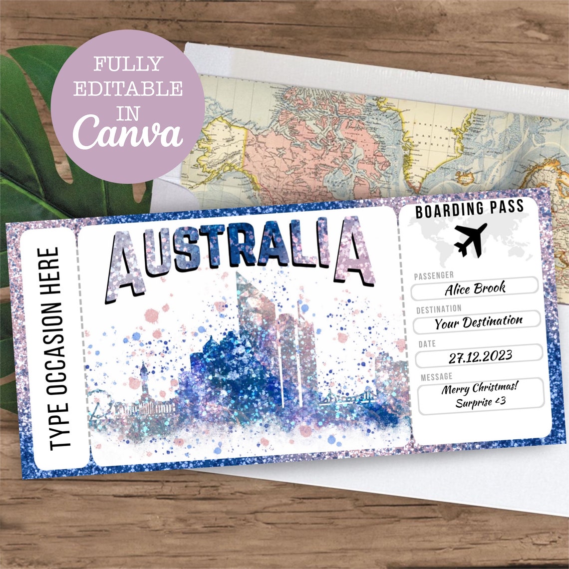 Australia Boarding Pass Surprise Editable Flight Ticket Gift, Australia ...