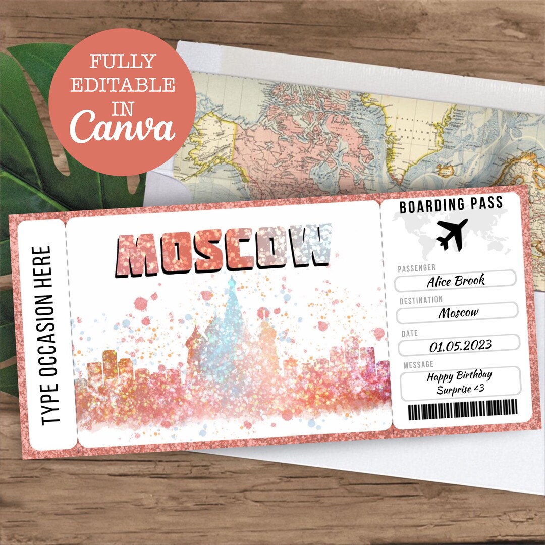 Moscow Russia Boarding Pass Surprise Editable Flight Ticket Gift ...