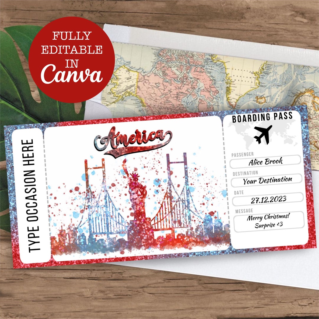 America USA Boarding Pass Surprise Editable Flight Ticket Gift, America ...