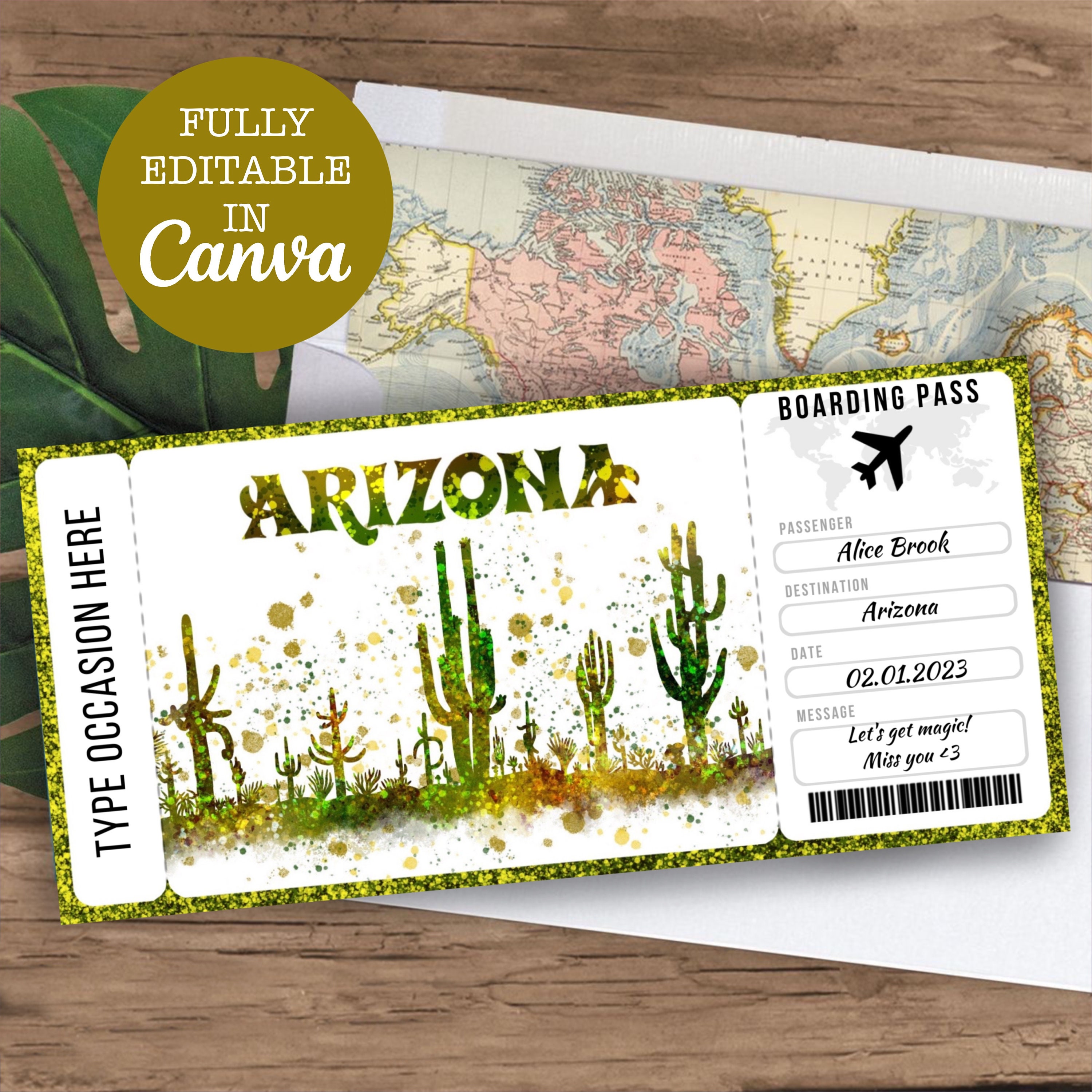 Arizona Boarding Pass Surprise Editable Flight Ticket Gift, Arizona ...