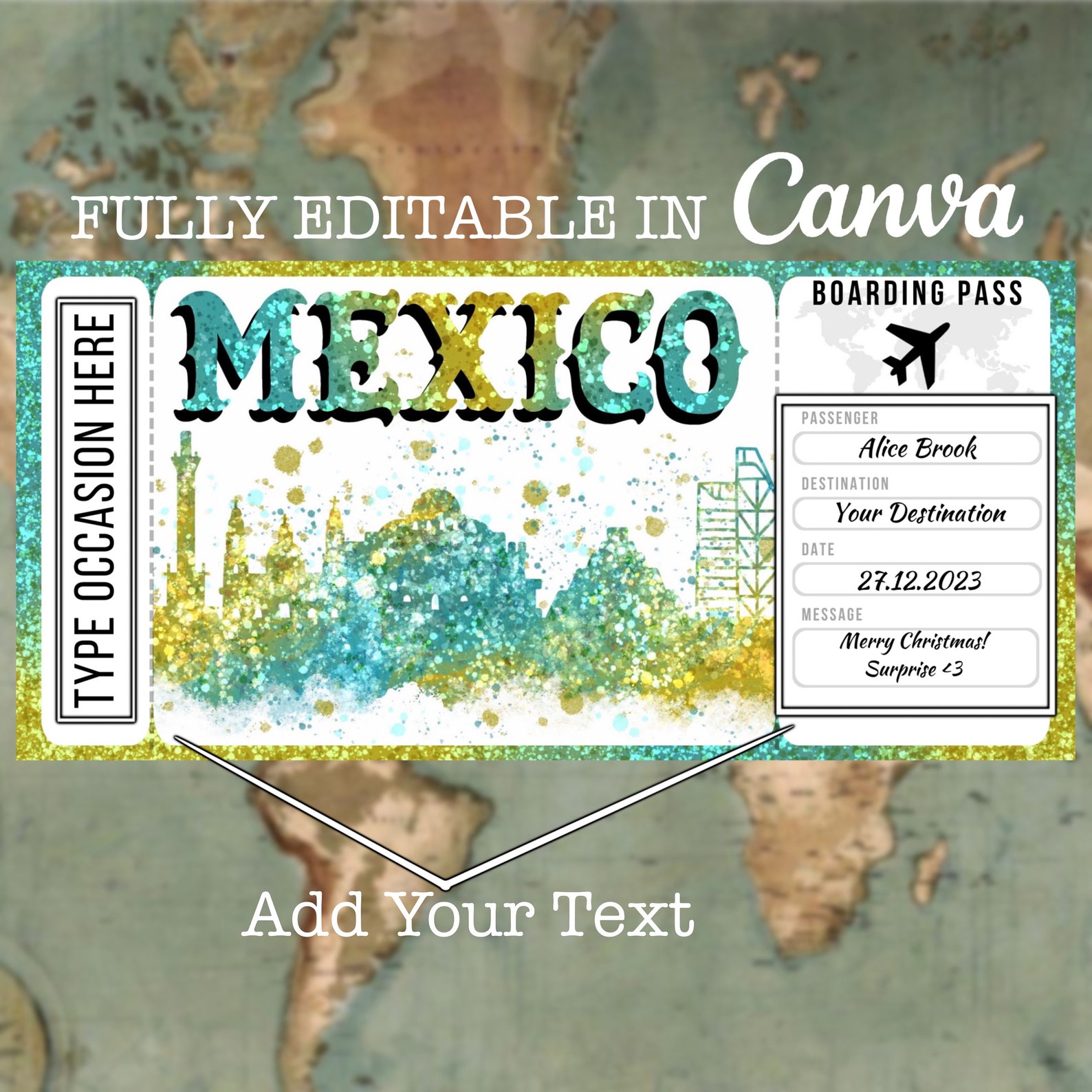 Mexico Boarding Pass Surprise Editable Flight Ticket Gift, Mexico ...