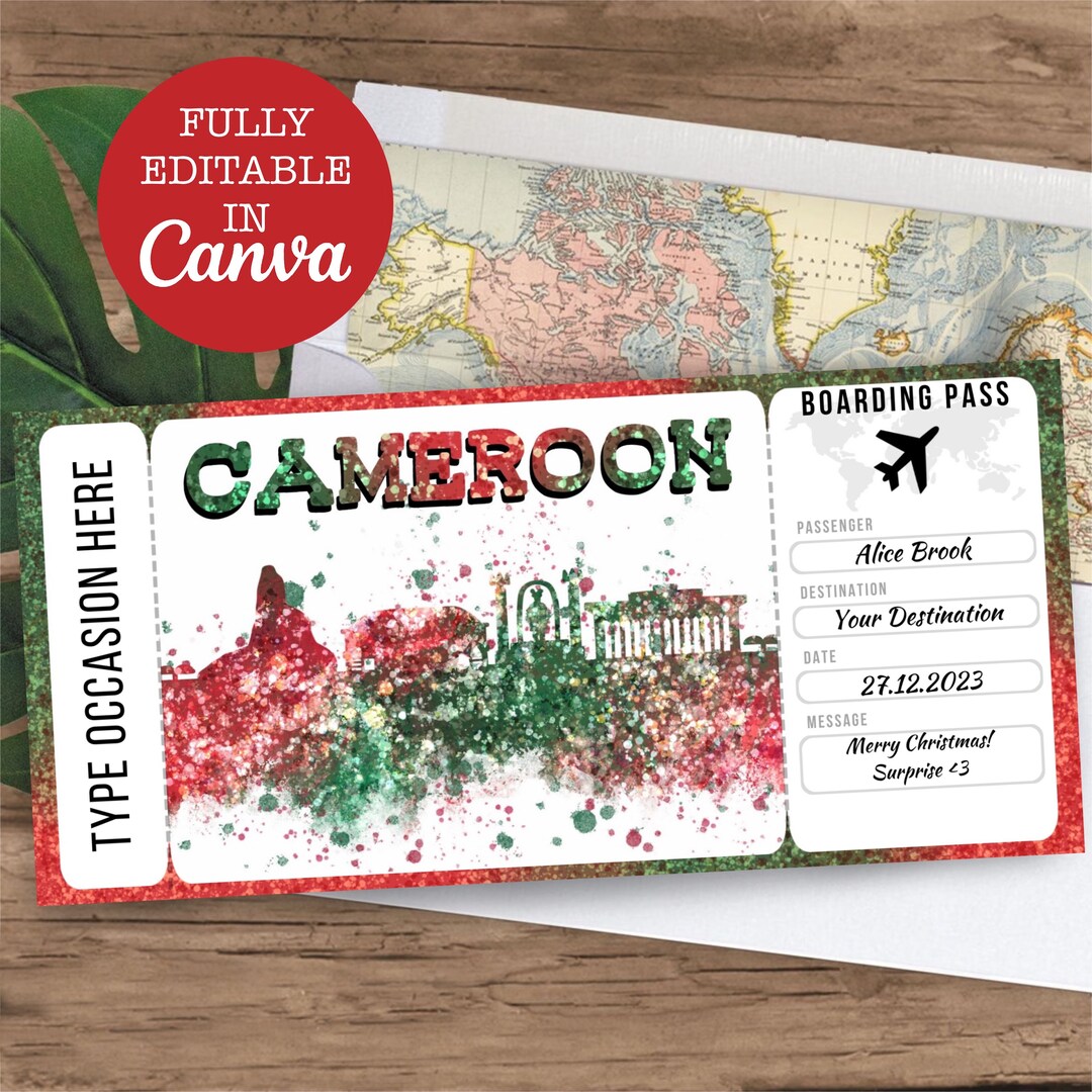 Cameroon Boarding Pass Surprise Editable Flight Ticket Gift, Cameroon ...