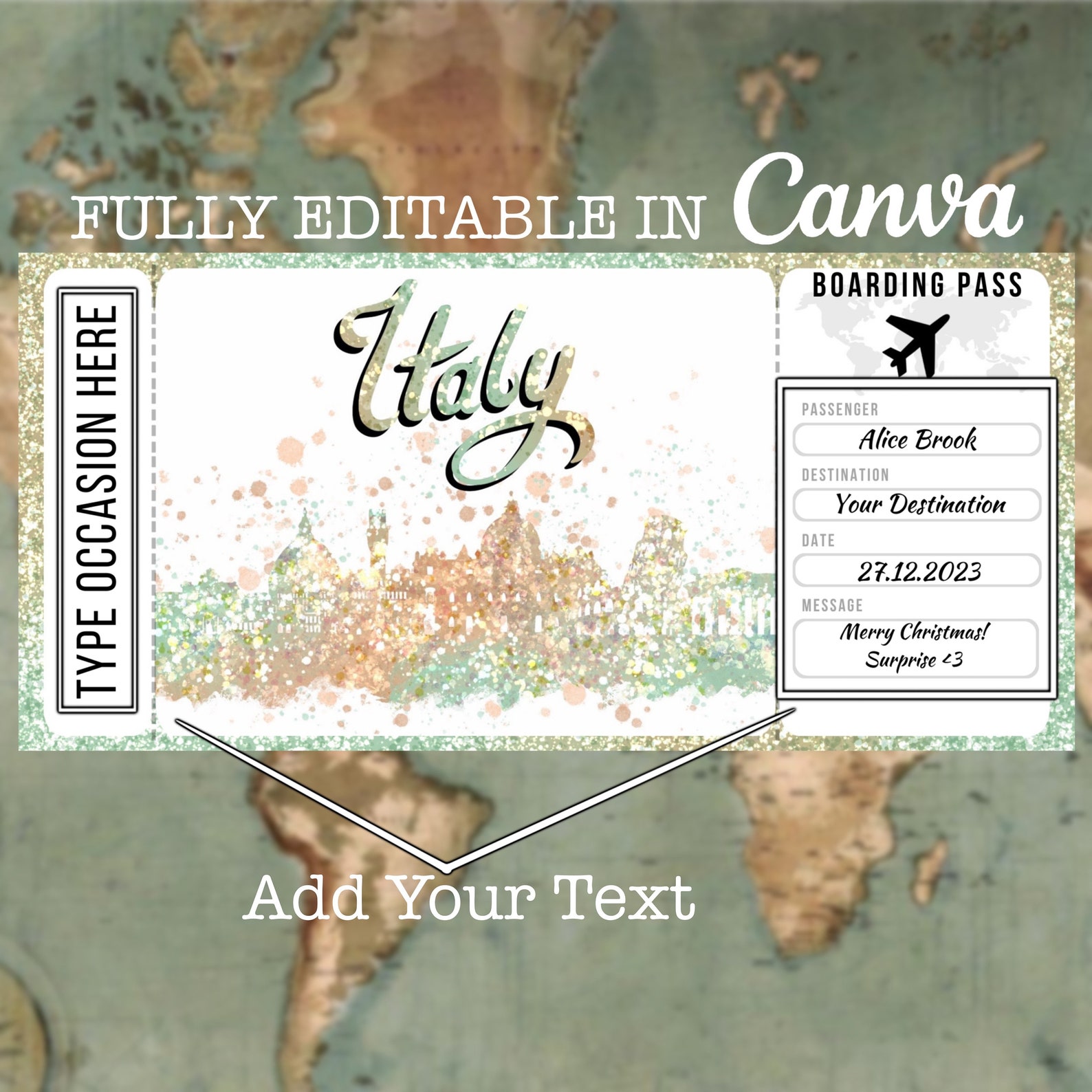 Italy Boarding Pass Surprise Editable Flight Ticket Gift, Italy Flight ...