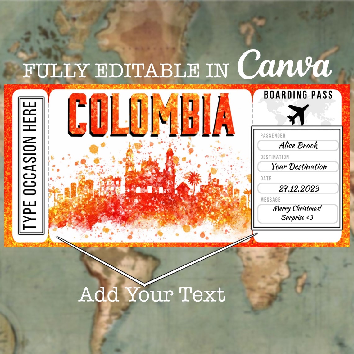 Colombia Boarding Pass Surprise Editable Flight Ticket Gift, Colombia ...