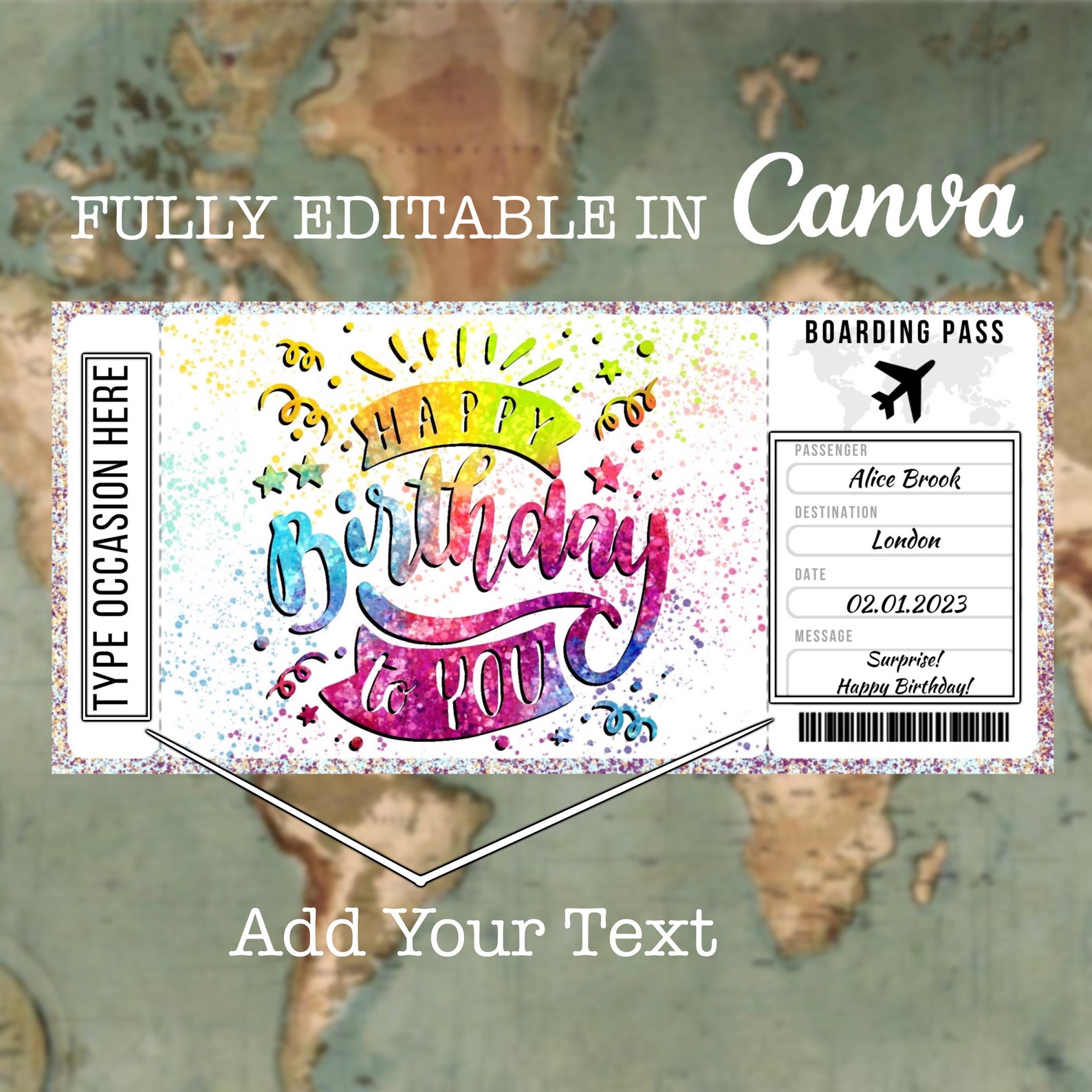 Happy Birthday Boarding Pass Surprise Editable Flight Ticket Gift ...