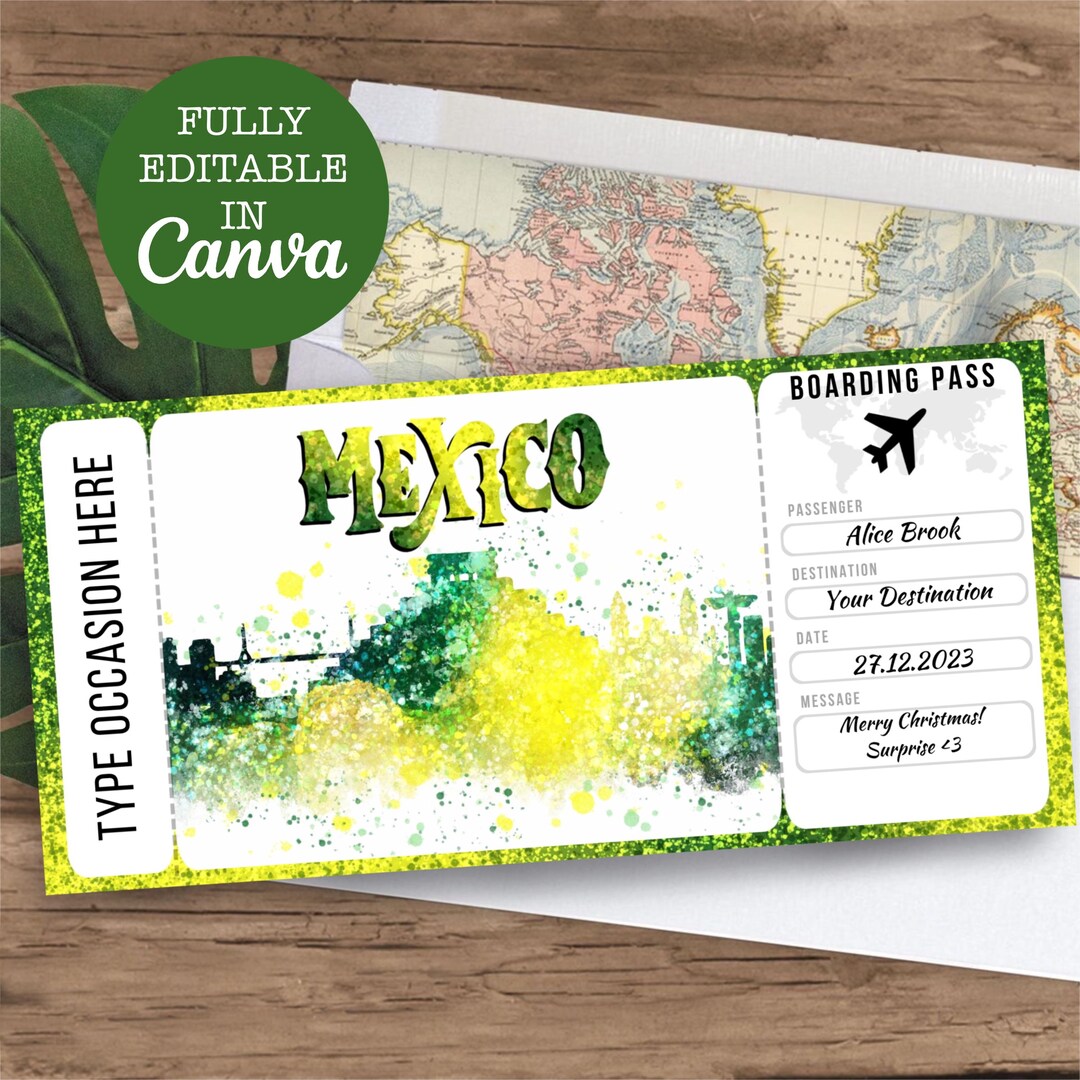 Mexico Boarding Pass Surprise Editable Flight Ticket Gift, Mexico ...
