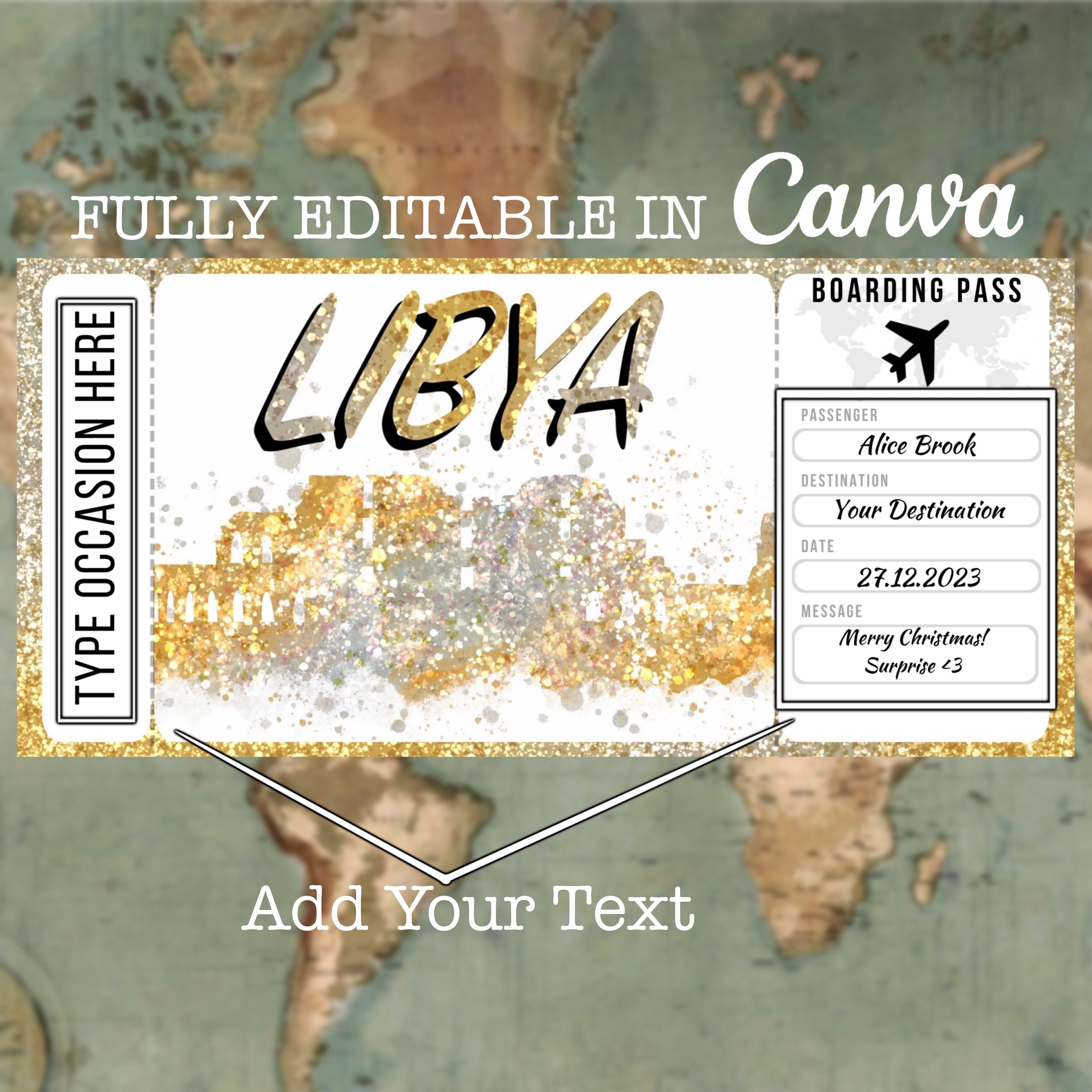 Libya Boarding Pass Surprise Editable Flight Ticket Gift, Libya Flight ...