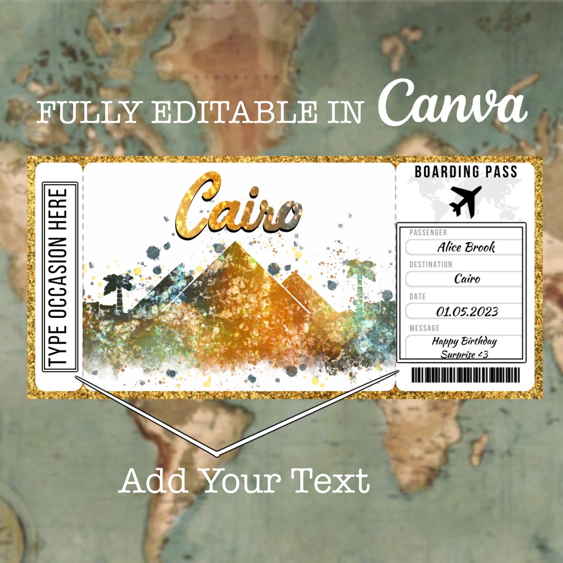 Cairo Egypt Boarding Pass Surprise Editable Flight Ticket Gift, Cairo Egypt Flight Ticket ...