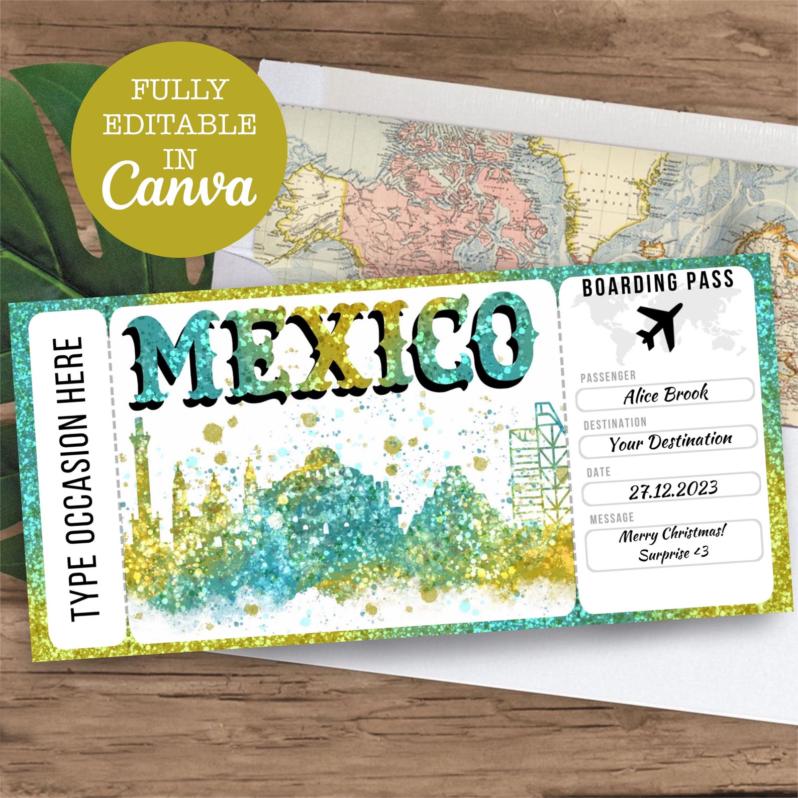 Mexico Boarding Pass Surprise Editable Flight Ticket Gift, Mexico ...