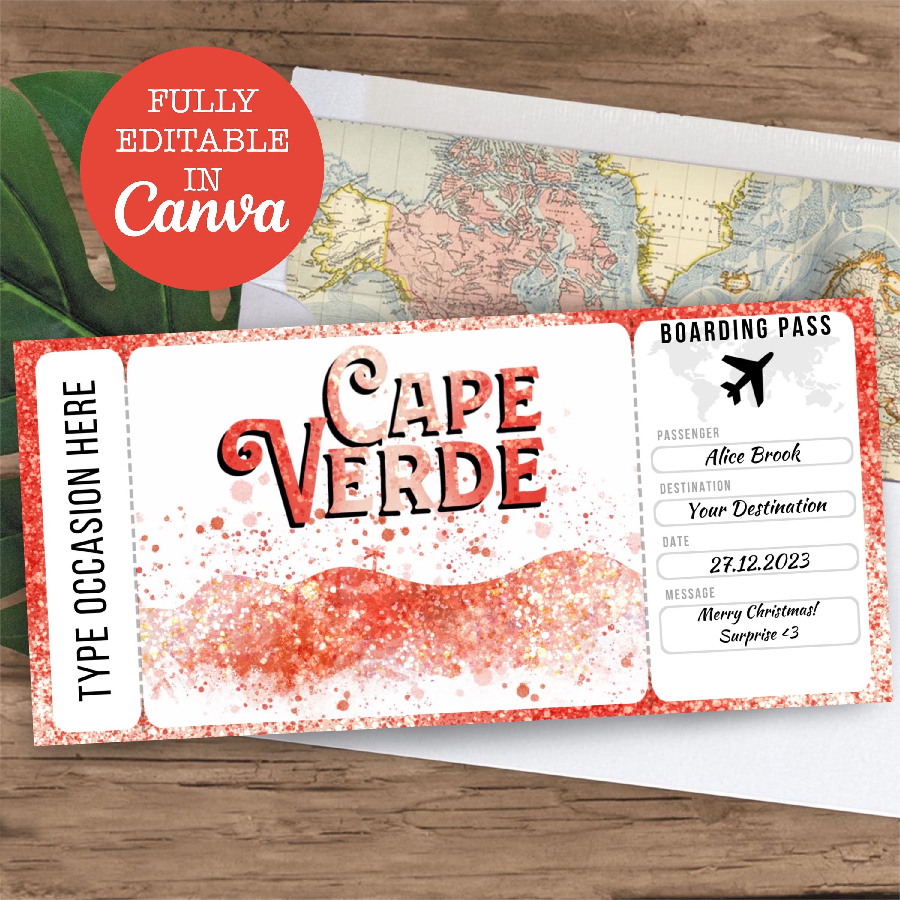 Cape Verde Boarding Pass Surprise Editable Flight Ticket Gift - Etsy