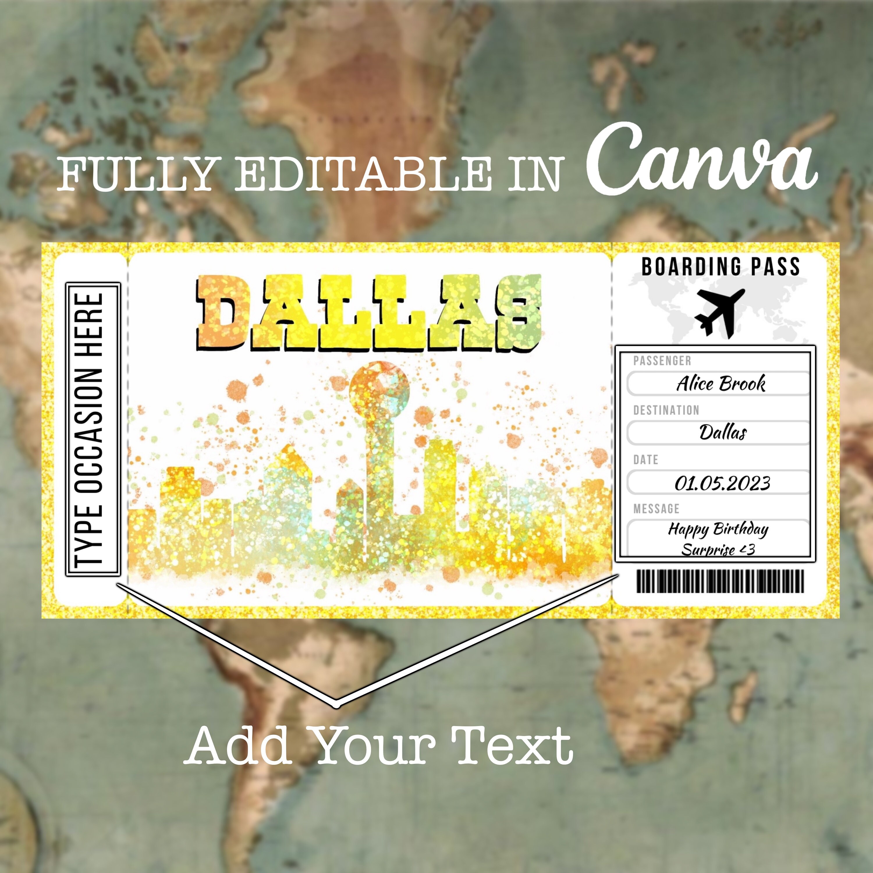 Dallas USA Boarding Pass Surprise Editable Flight Ticket Gift, Dallas ...