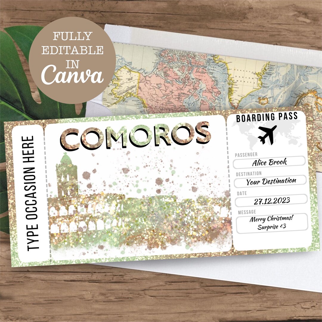Comoros Boarding Pass Surprise Editable Flight Ticket Gift, Comoros ...