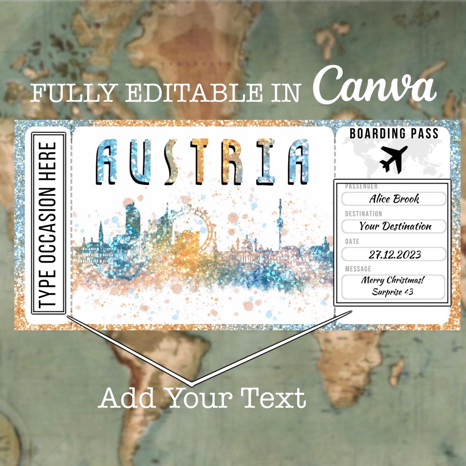 Austria Boarding Pass Surprise Editable Flight Ticket Gift, Austria ...