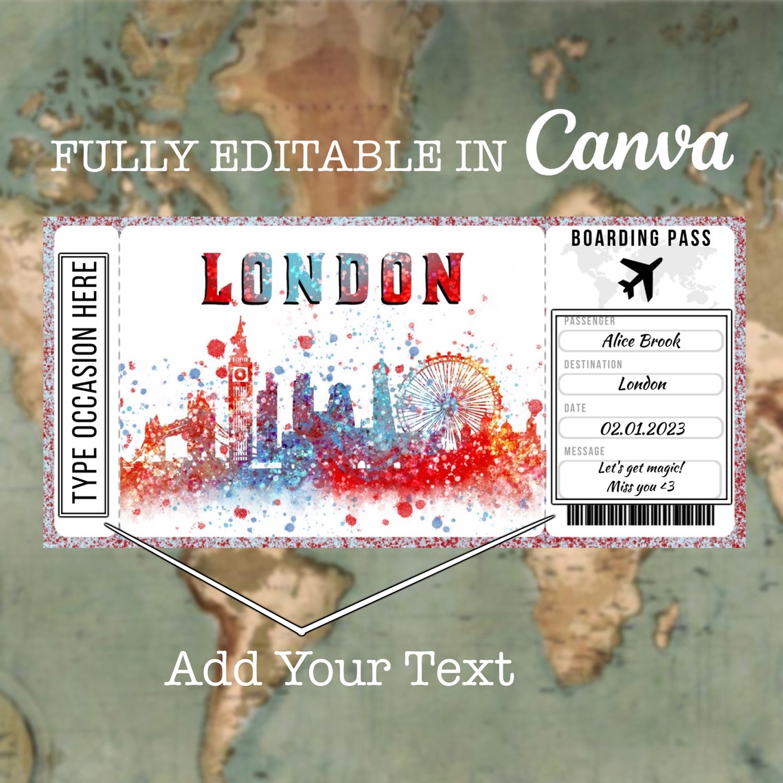 London England Boarding Pass Surprise Editable Flight Ticket Gift ...