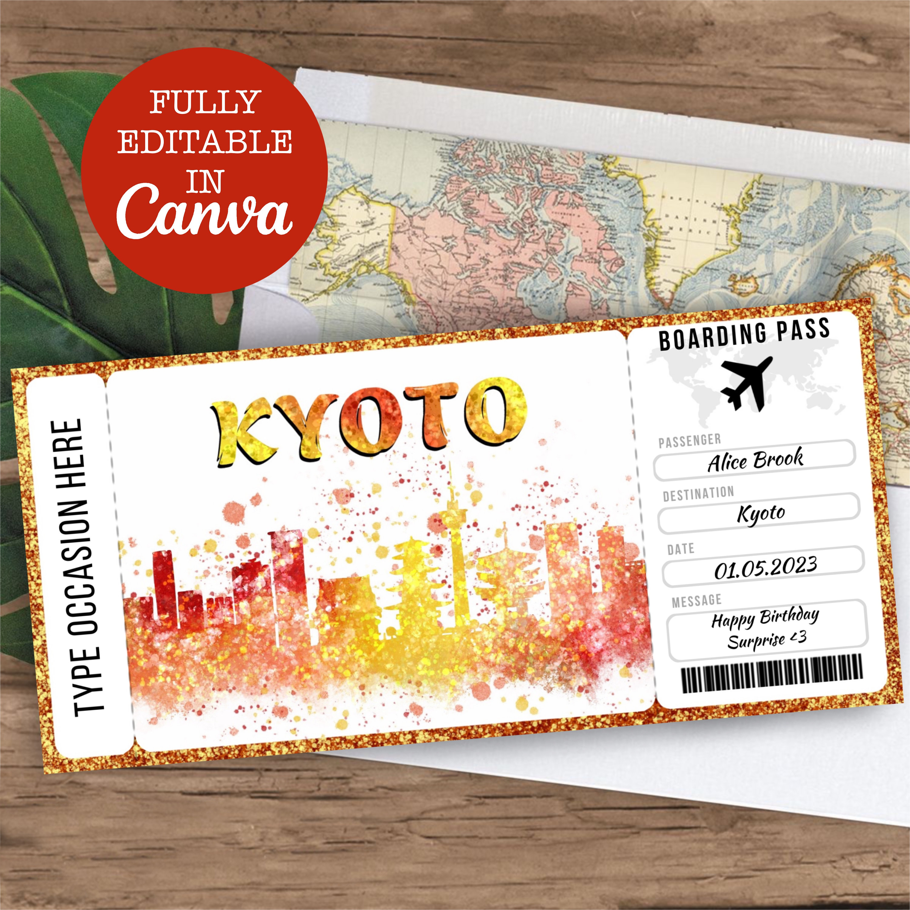 Kyoto Japan Boarding Pass Surprise Editable Flight Ticket Gift, Kyoto ...
