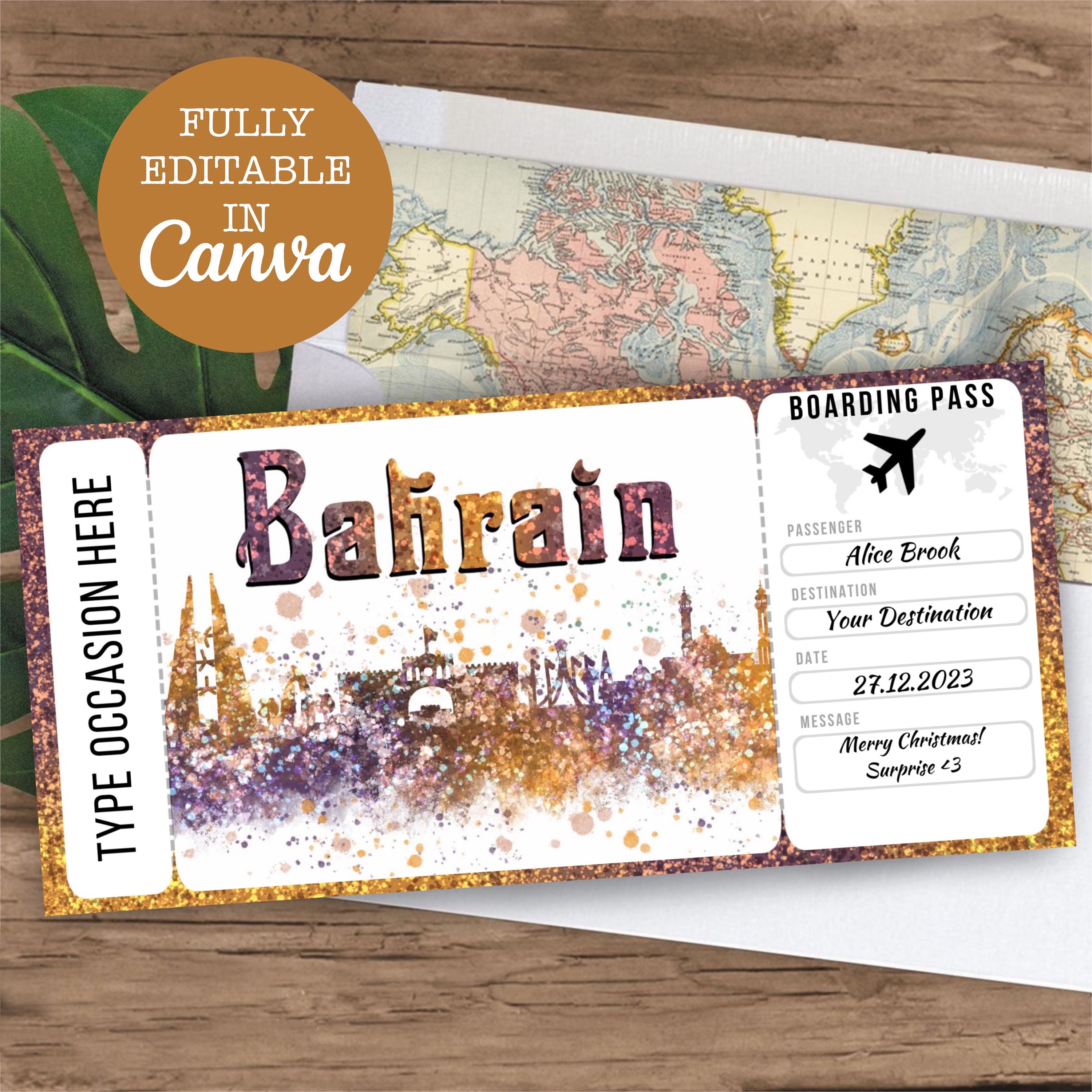Bahrain Boarding Pass Surprise Editable Flight Ticket Gift, Bahrain ...