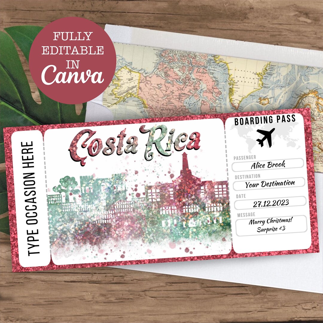Costa Rica Surprise Editable Flight Ticket Gift, Costa Rica Boarding ...
