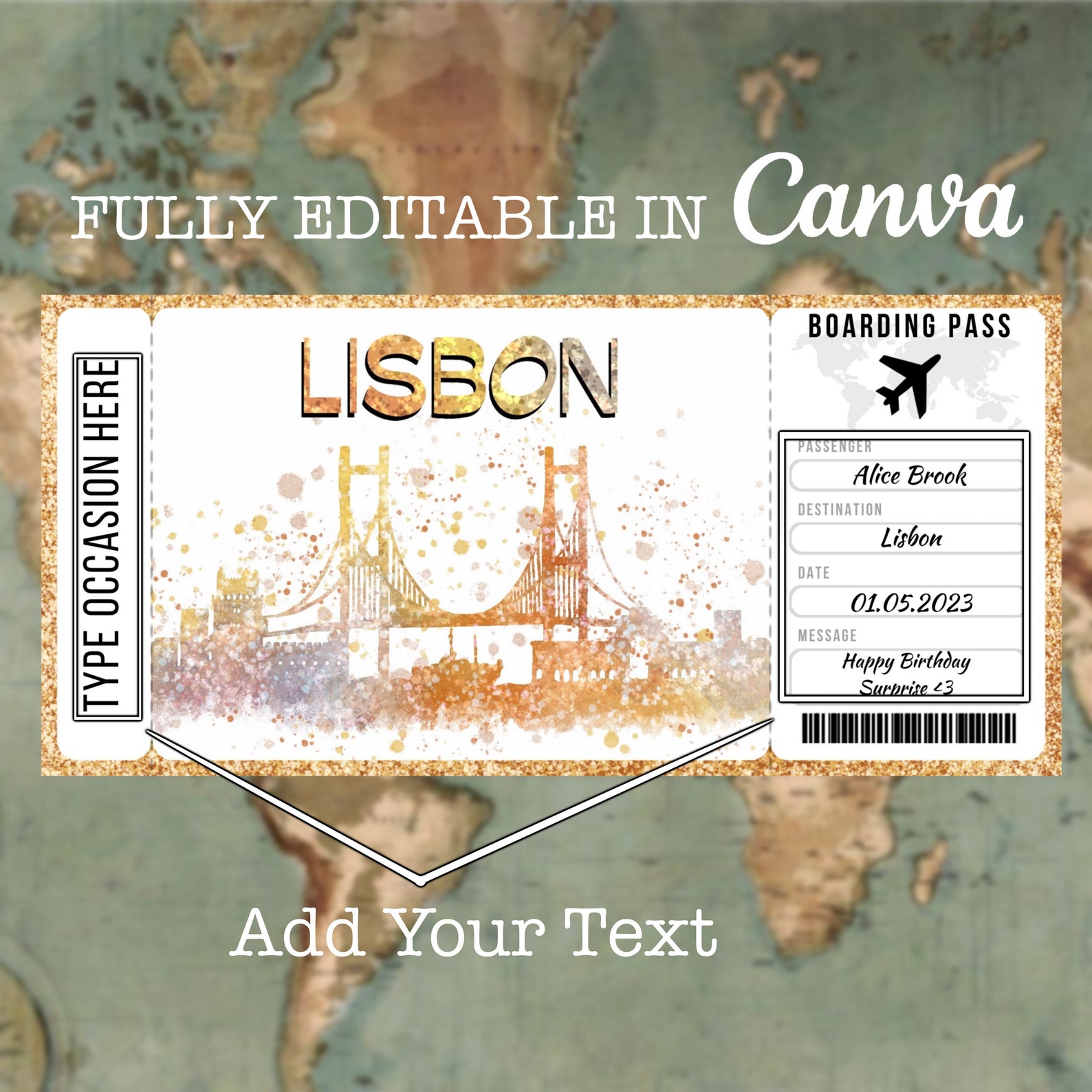 Lisbon Portugal Boarding Pass Surprise Editable Flight Ticket Gift ...