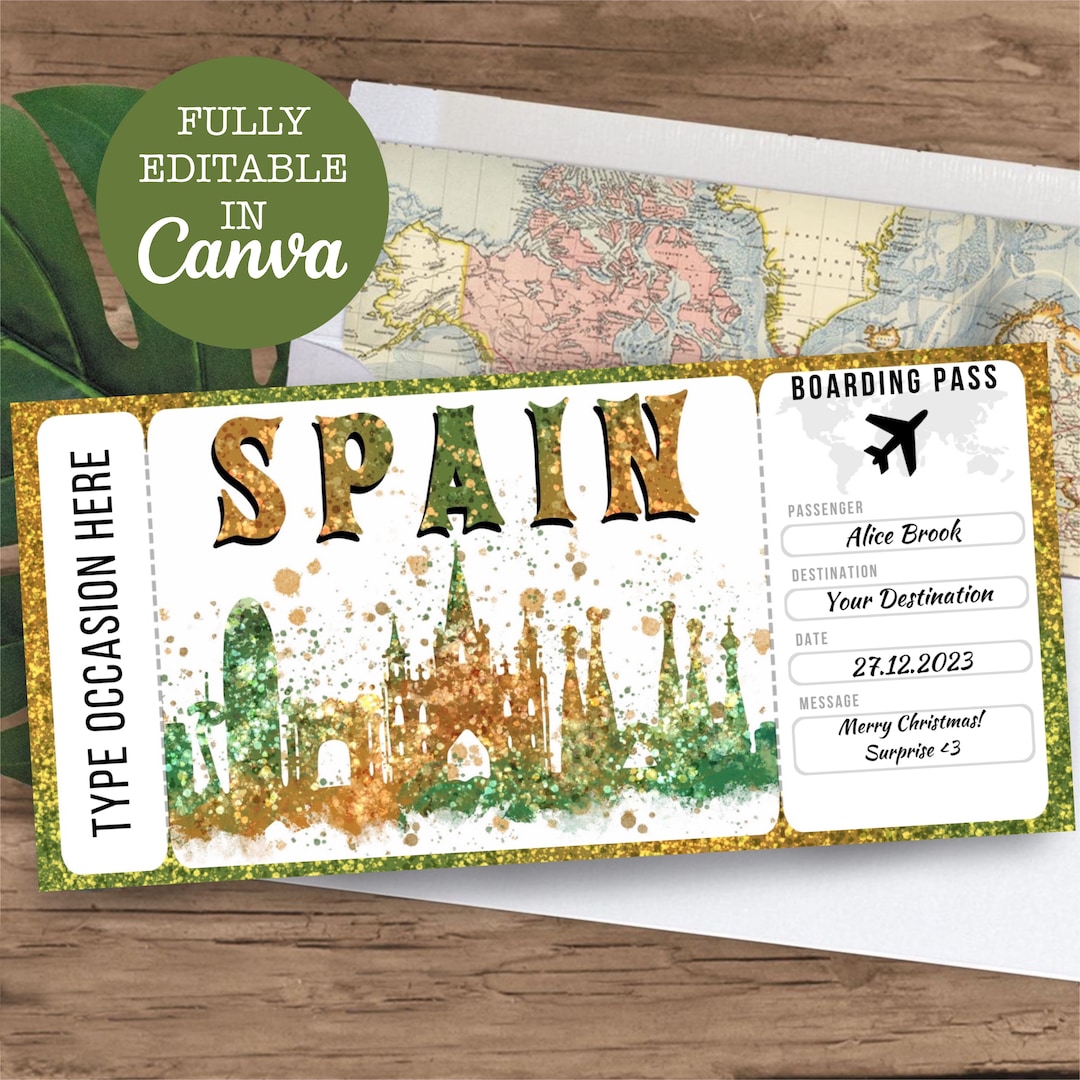 Spain Boarding Pass Surprise Editable Flight Ticket Gift, Spain Flight ...