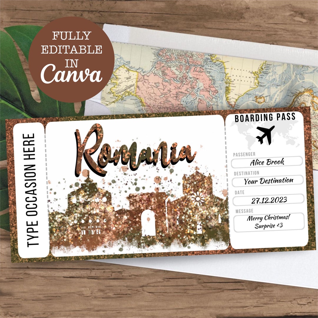 Romania Boarding Pass Surprise Editable Flight Ticket Gift, Romania ...