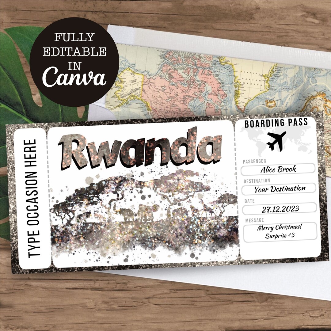 Rwanda Boarding Pass Surprise Editable Flight Ticket Gift, Rwanda ...