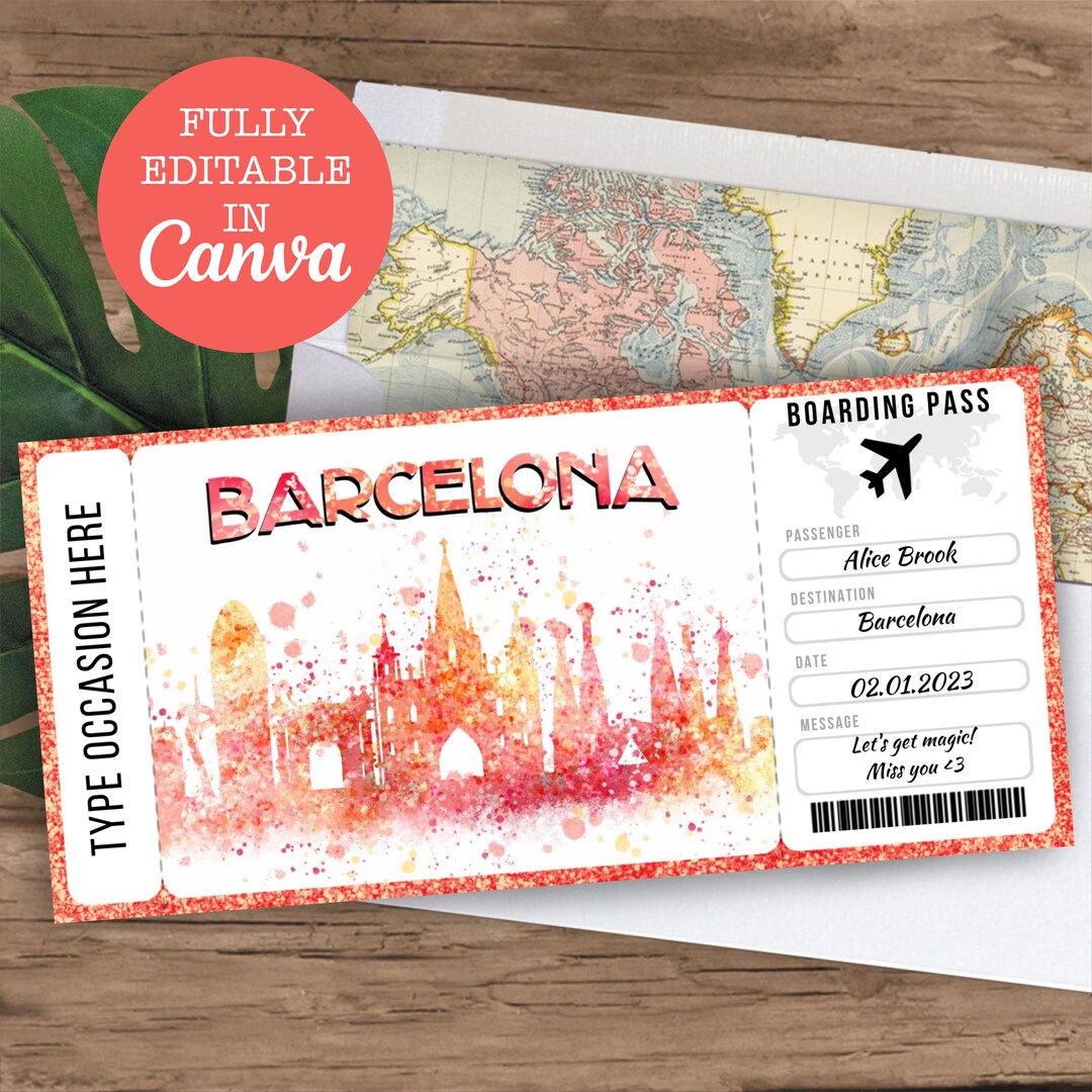Barcelona Boarding Pass Surprise Editable Flight Ticket T Barcelona Flight Ticket Printable
