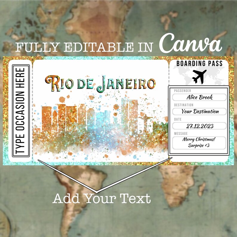 Rio De Janeiro Boarding Pass Surprise Editable Gift Ticket, Rio De ...