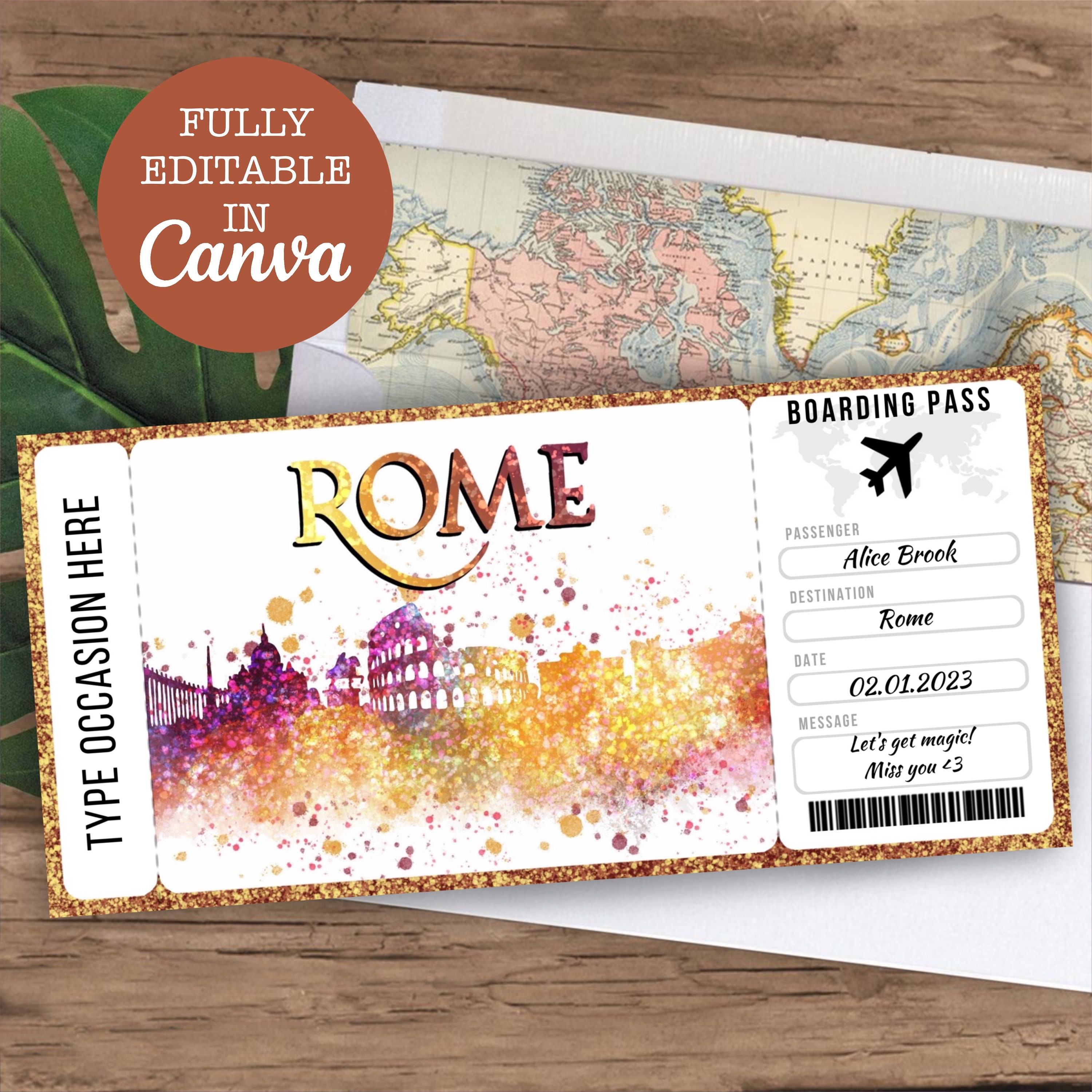 Rome Italy Boarding Pass Surprise Editable Gift Ticket, Rome Skyline ...