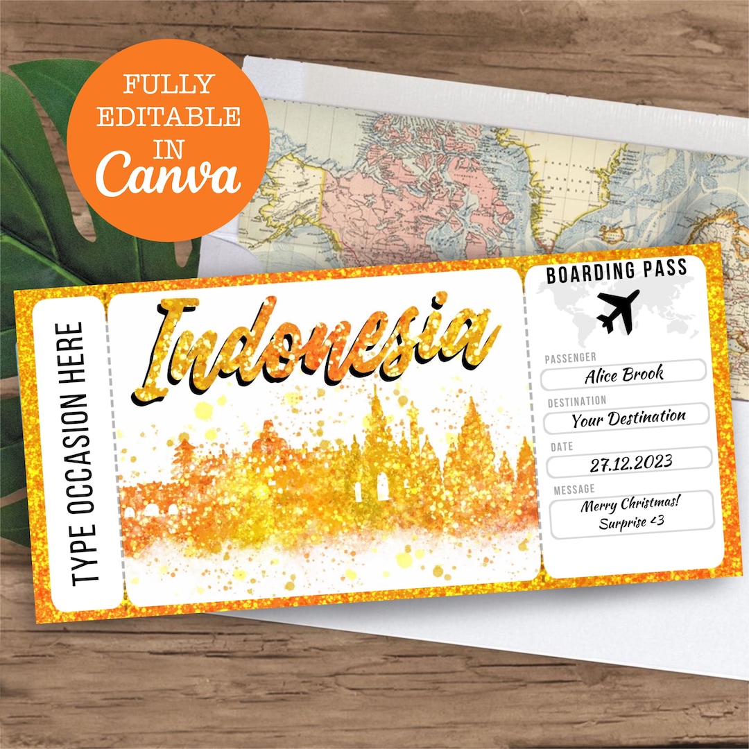 Indonesia Boarding Pass Surprise Editable Flight Ticket Gift, Indonesia ...