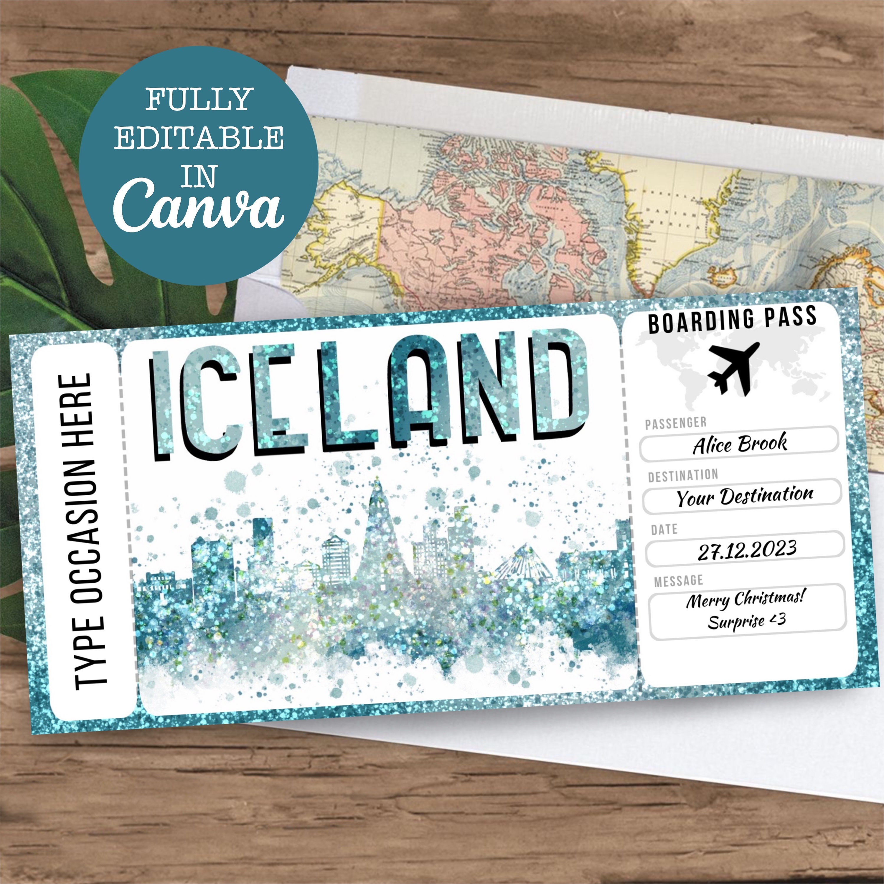 Iceland Boarding Pass Surprise Editable Flight Ticket Gift, Iceland ...