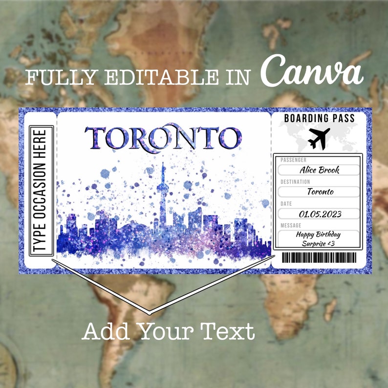 Toronto Canada Boarding Pass Surprise Editable Flight Ticket - Etsy