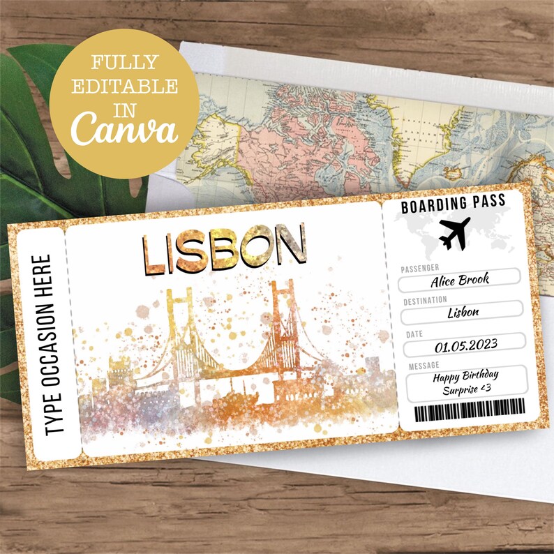 Lisbon Portugal Boarding Pass Surprise Editable Flight Ticket Gift ...
