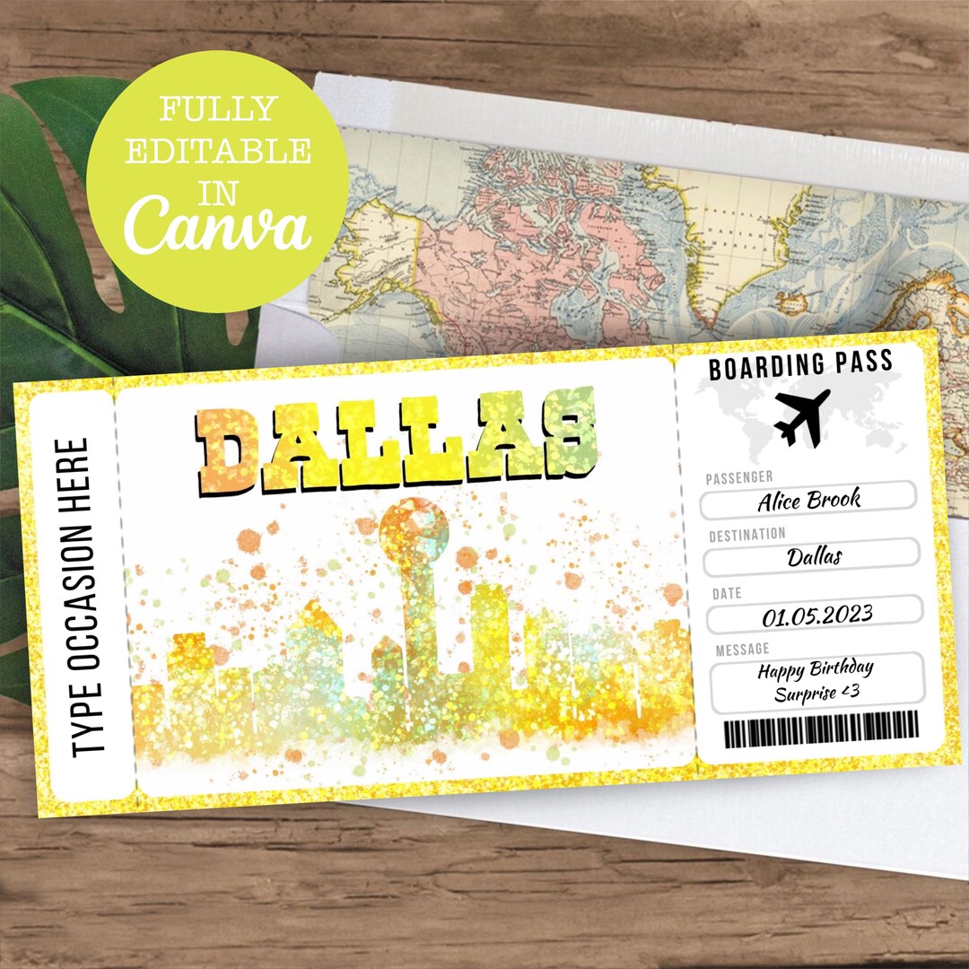 Dallas USA Boarding Pass Surprise Editable Flight Ticket Gift, Dallas ...